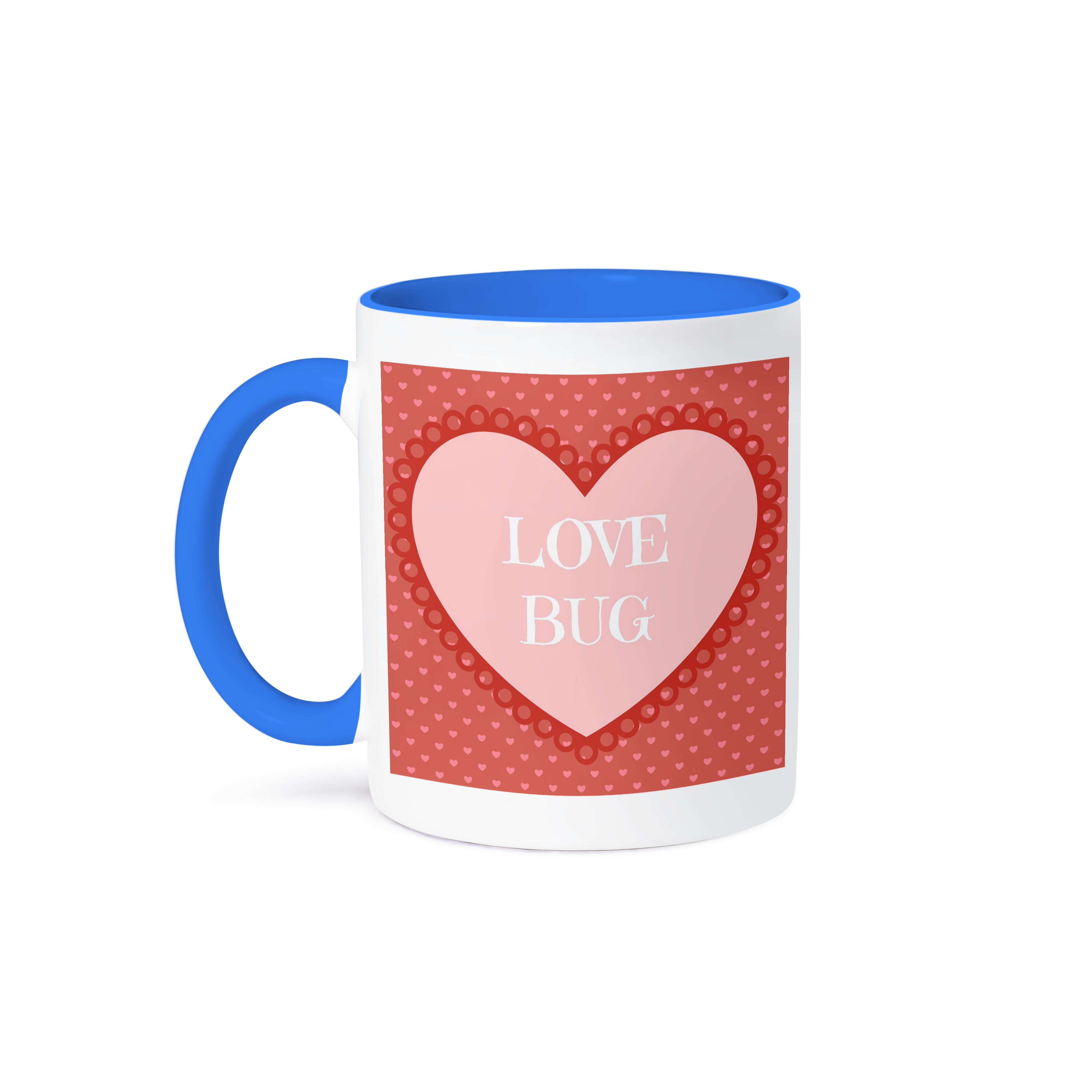 3dRose, Love Bug, heart, pink heart background, 15oz Two-Tone Blue Mug ...