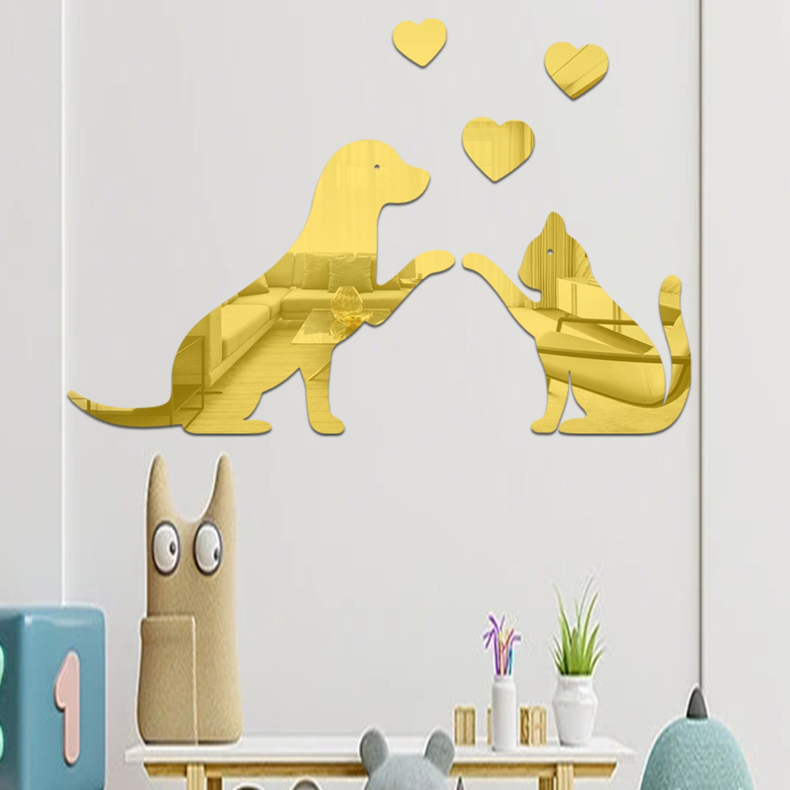 Love Cats and Dogs Acrylic Mirror Wall Sticker Animal Theme Waterproof ...