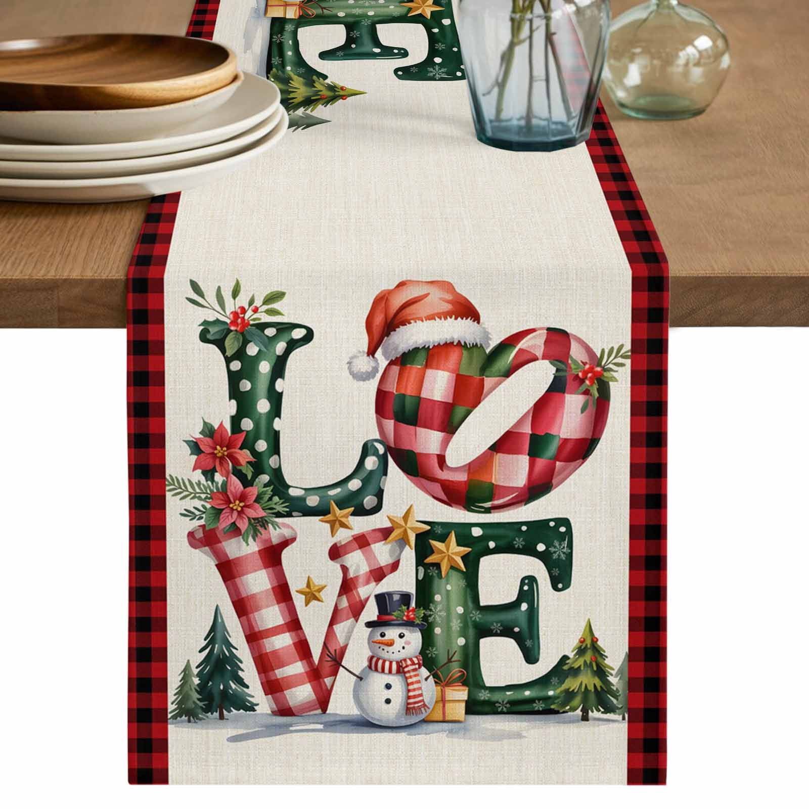 Love Christmas Table Runner 72 Inches, Tropical Pine Tree Snowman Retro ...