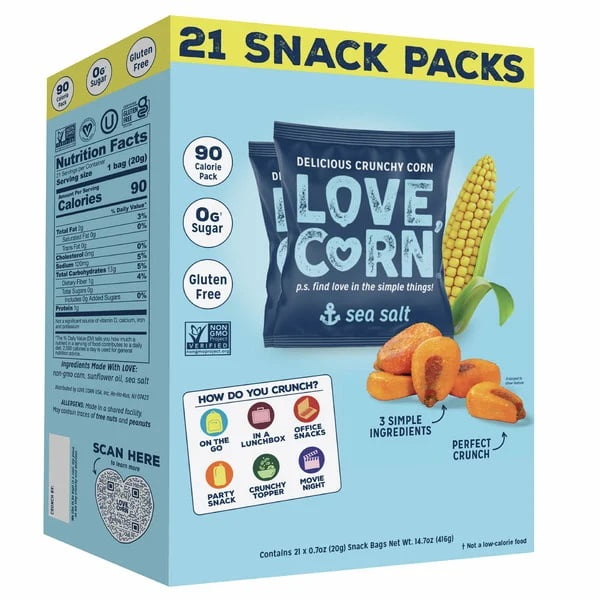 Love Corn Snack Packs, Sea Salt, 0.7 Ounce (Pack of 21) - Walmart.com