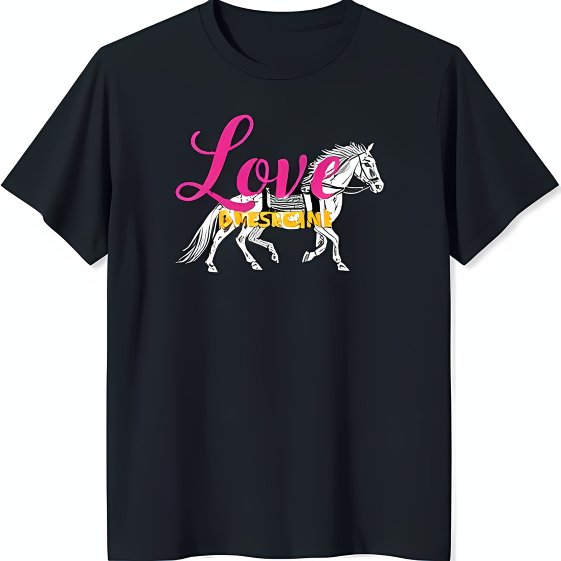 Love Dressage Black T-Shirt with Pink Cursive Font & White Horse ...