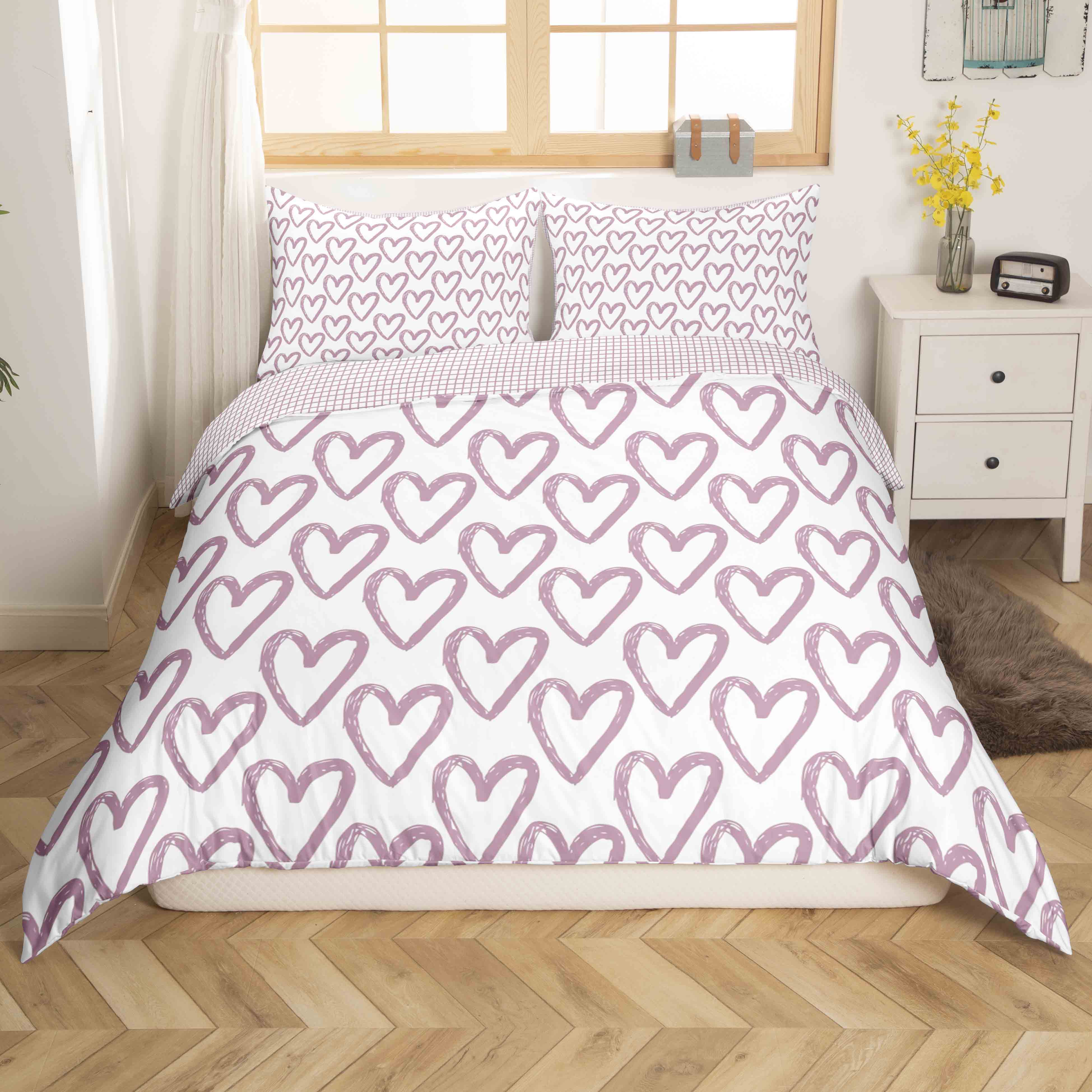 Love Duvet Cover Heart Shaped Bedding Sets,Light Purple Lattice Plaid ...