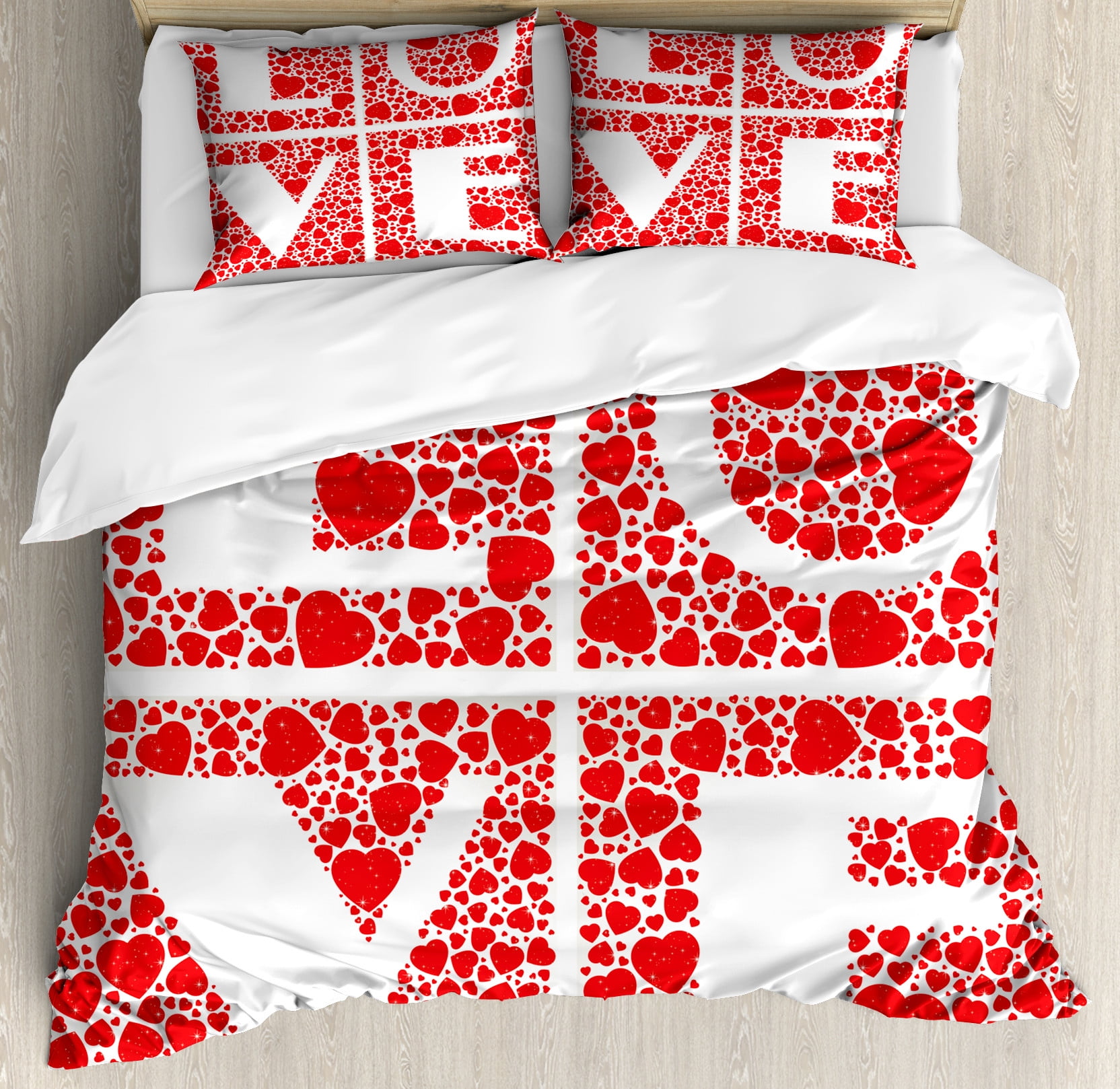 Love Duvet Cover Set, Bicolored Letters Hearts Motif Graphic Romantic Theme Illustration Pattern ...