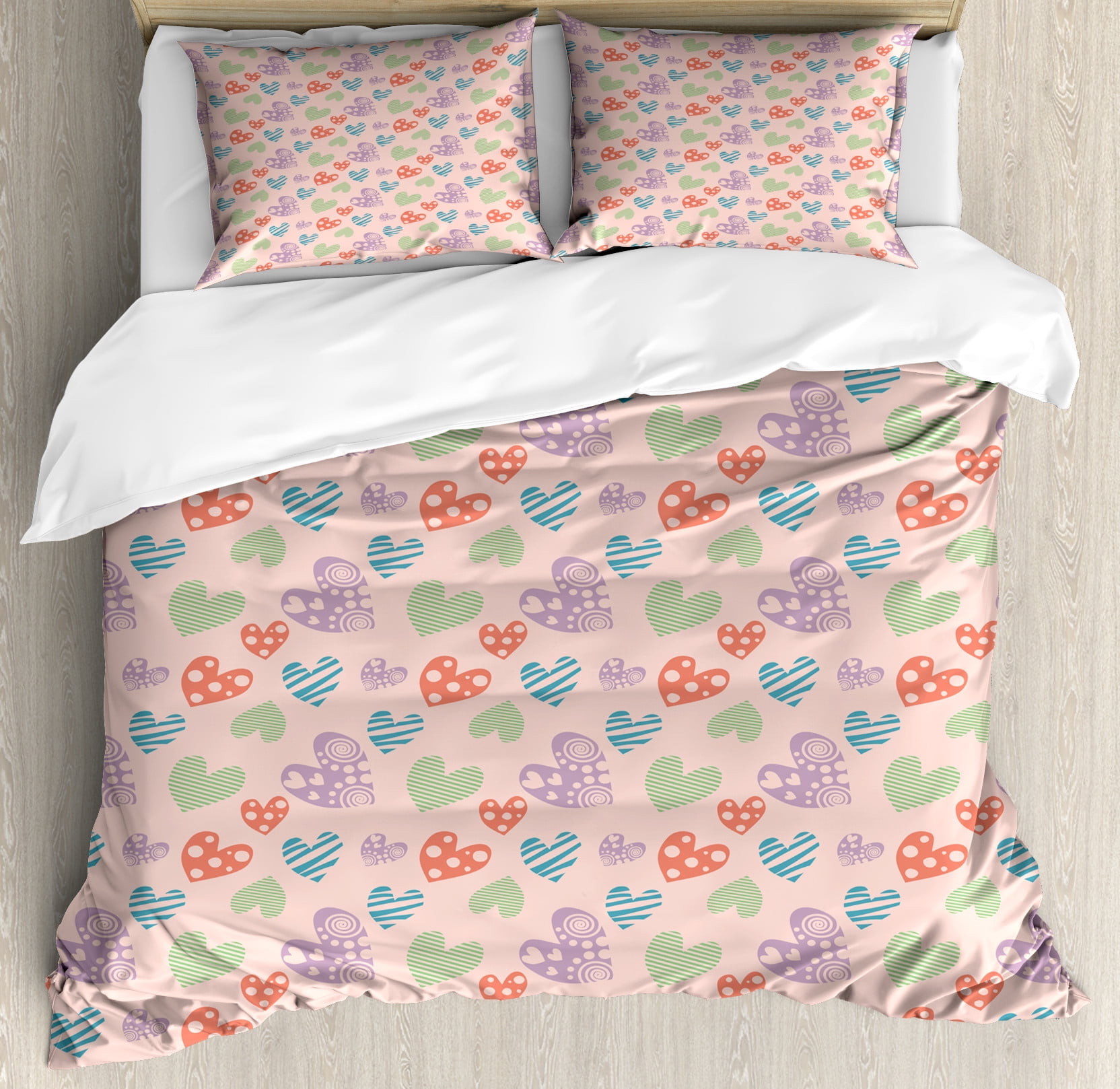 Love Duvet Cover Set, Various Ornamental Hearts in Pastel Colors ...