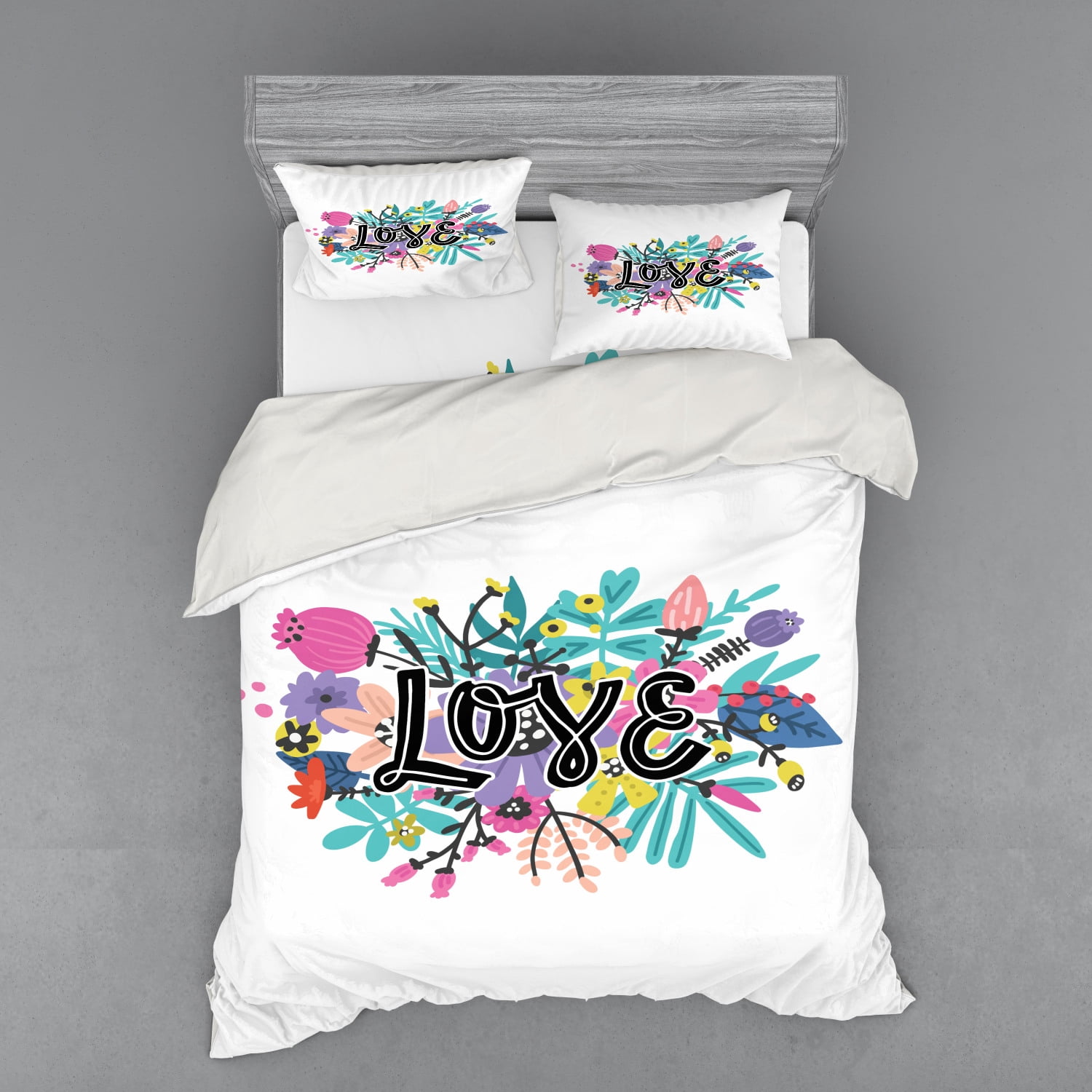 Love Duvet Cover Set, Word on Blossom Branches with Summer Bouquets ...