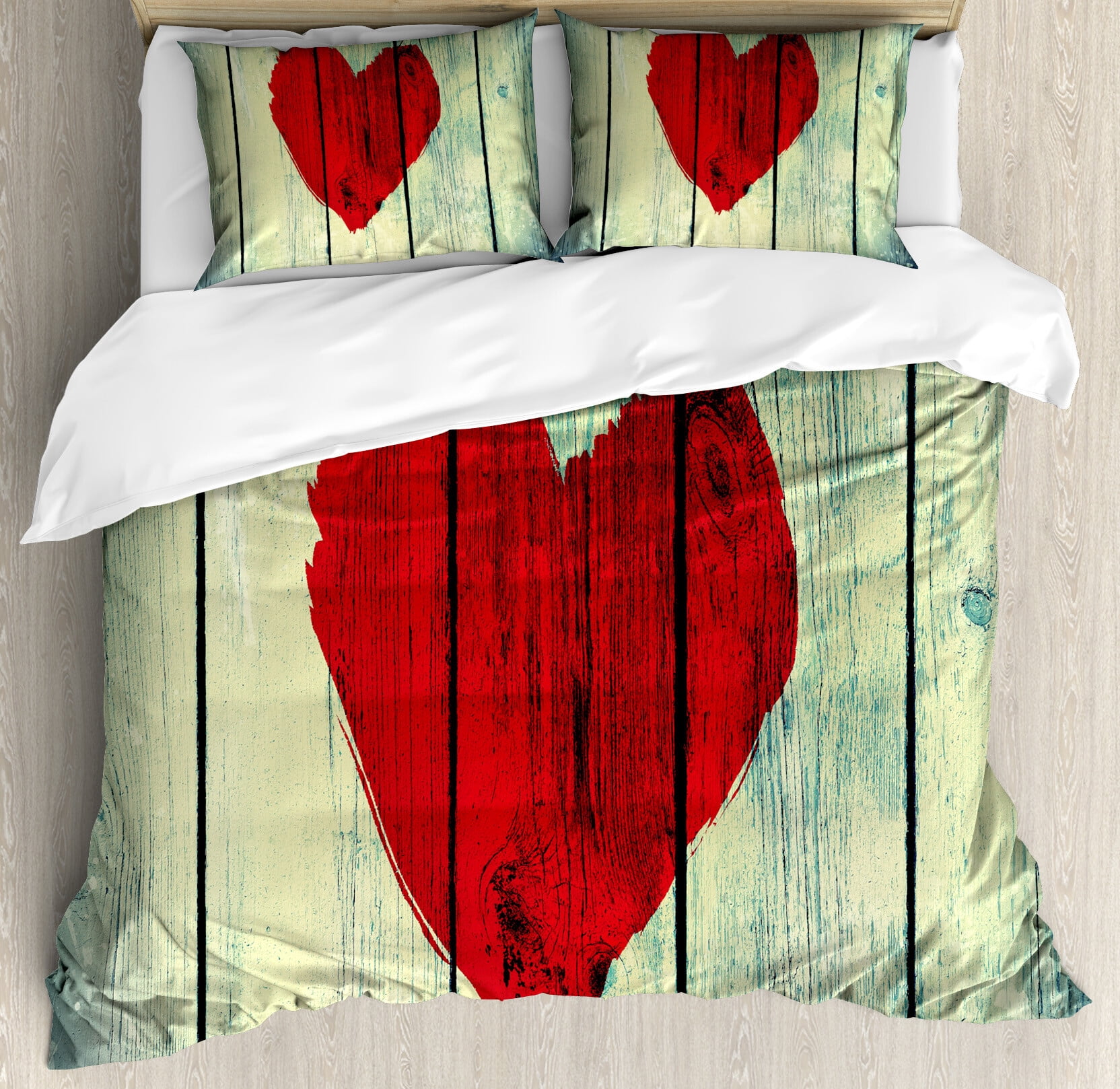 Love Duvet Cover Sets, Heart Painted on Rustic Wooden Wall Romance ...