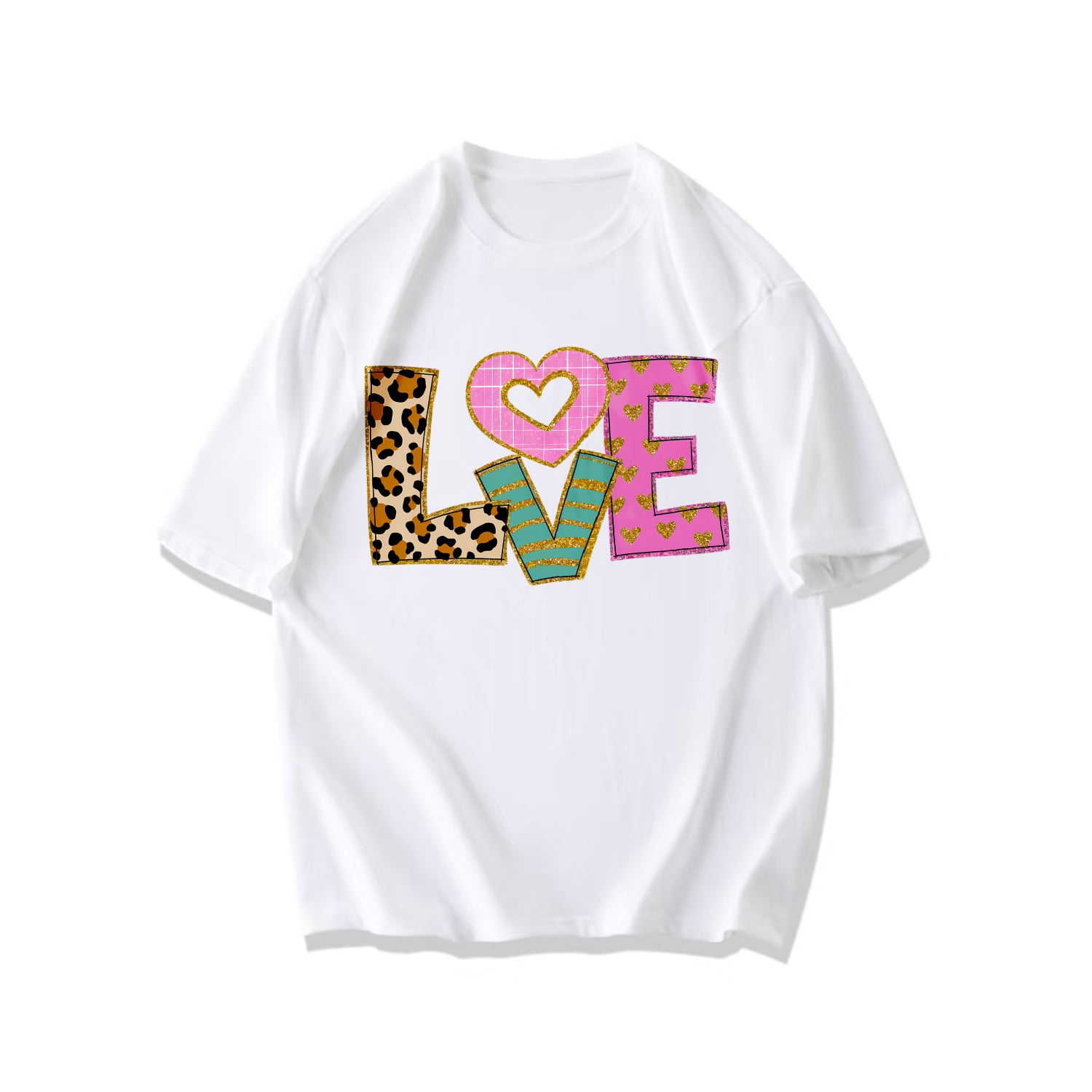Love Graphic Print T Shirt Black Leopard Pink Heart And Stripe Pattern ...