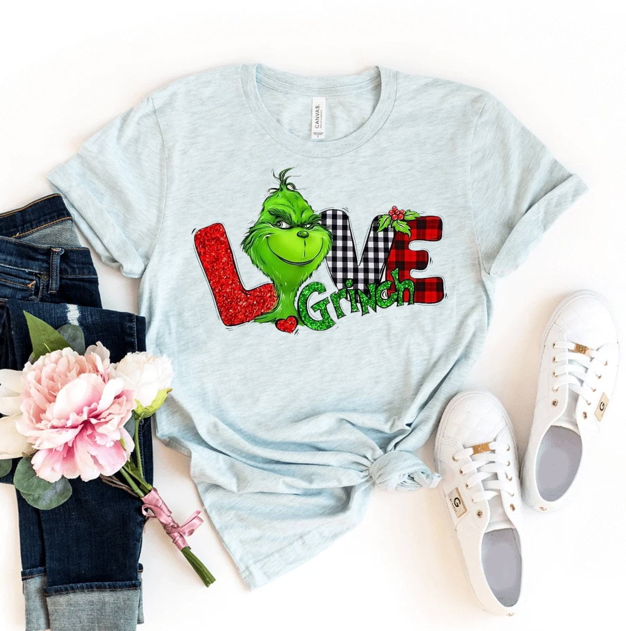 Adult Size Love Grinch Cute Xmas T-shirt, Women's Holiday Party Top ...