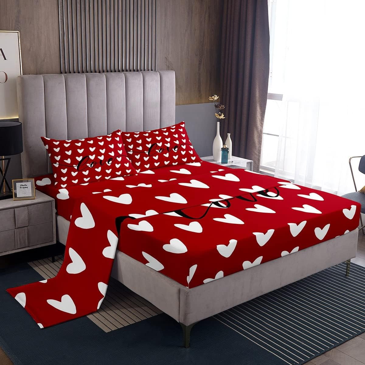 Love Heart Bed Sheets Full Size Red and White Fitted Sheet Valentine's ...