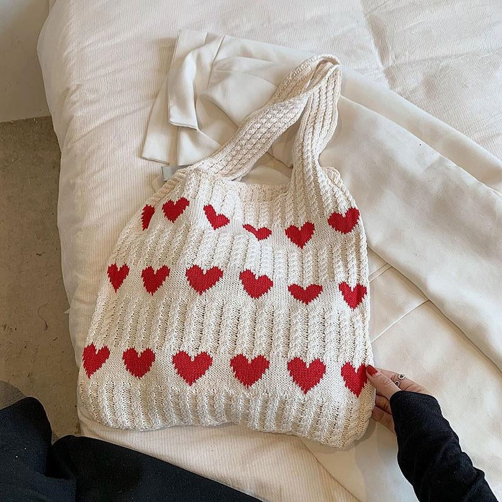 Love Heart Graphic Knitted Tote Bag Fashion Woven Shoulder Bag ...