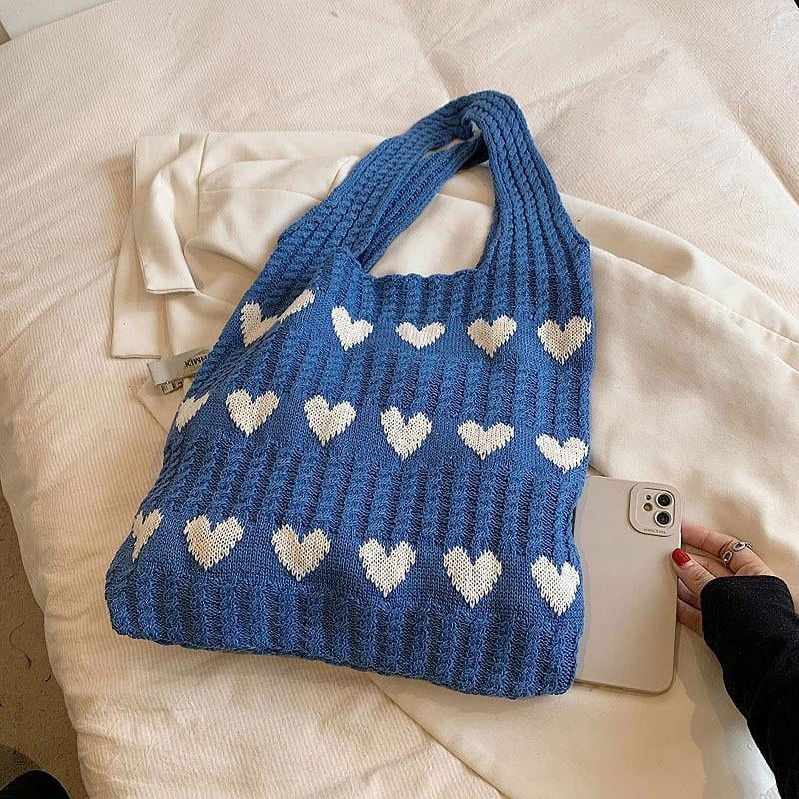 Love Heart Graphic Knitted Tote Bag Fashion Woven Shoulder Bag ...