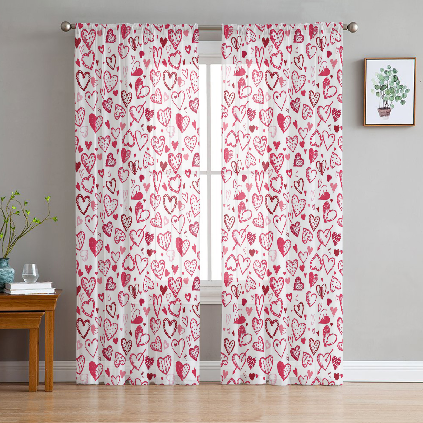 Love Heart Pink Tulle Curtains for Living Room Bedroom Sheer Curtain ...