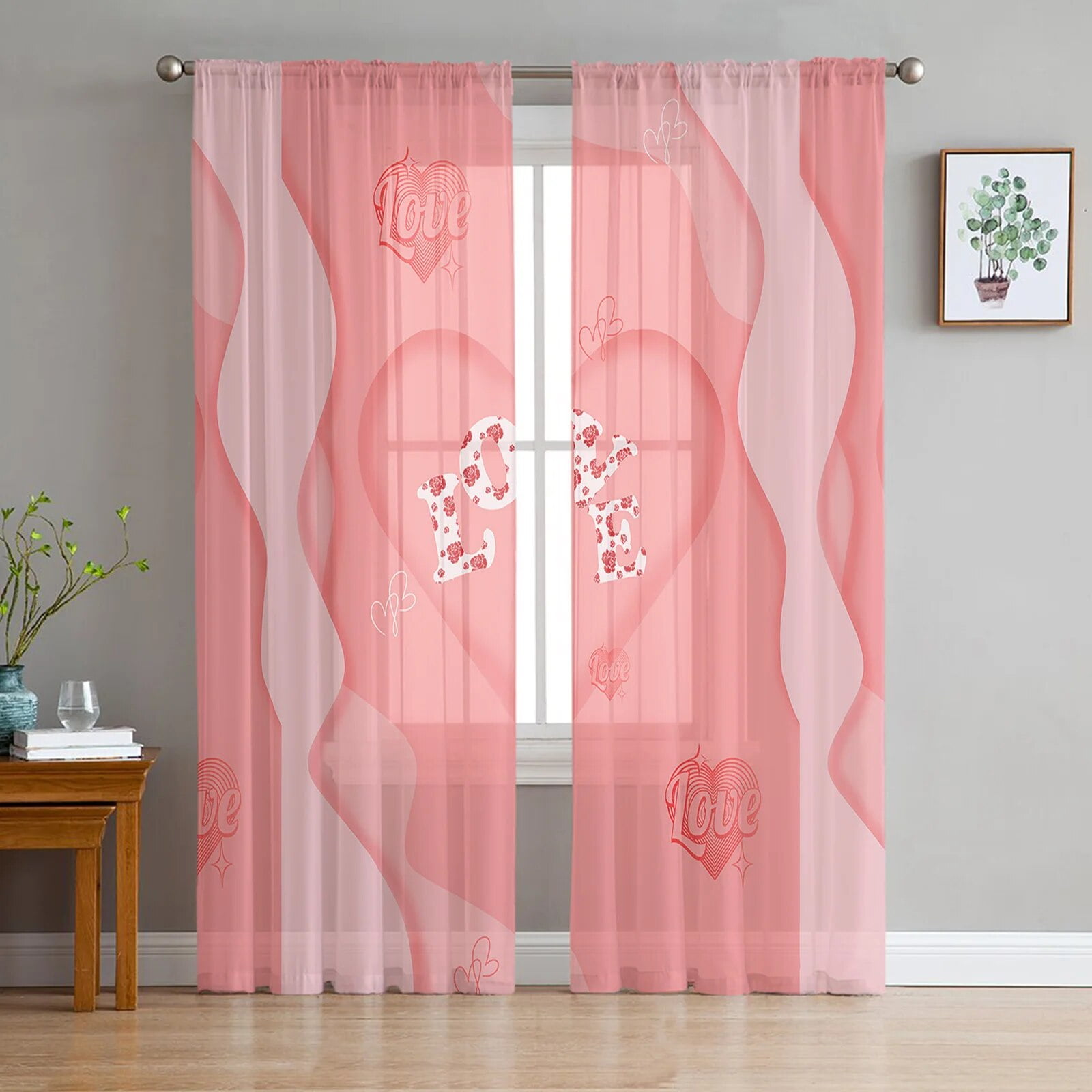 Love Heart Red Ribbon Balloon Sheer Curtain for Living Room Hall Wall ...