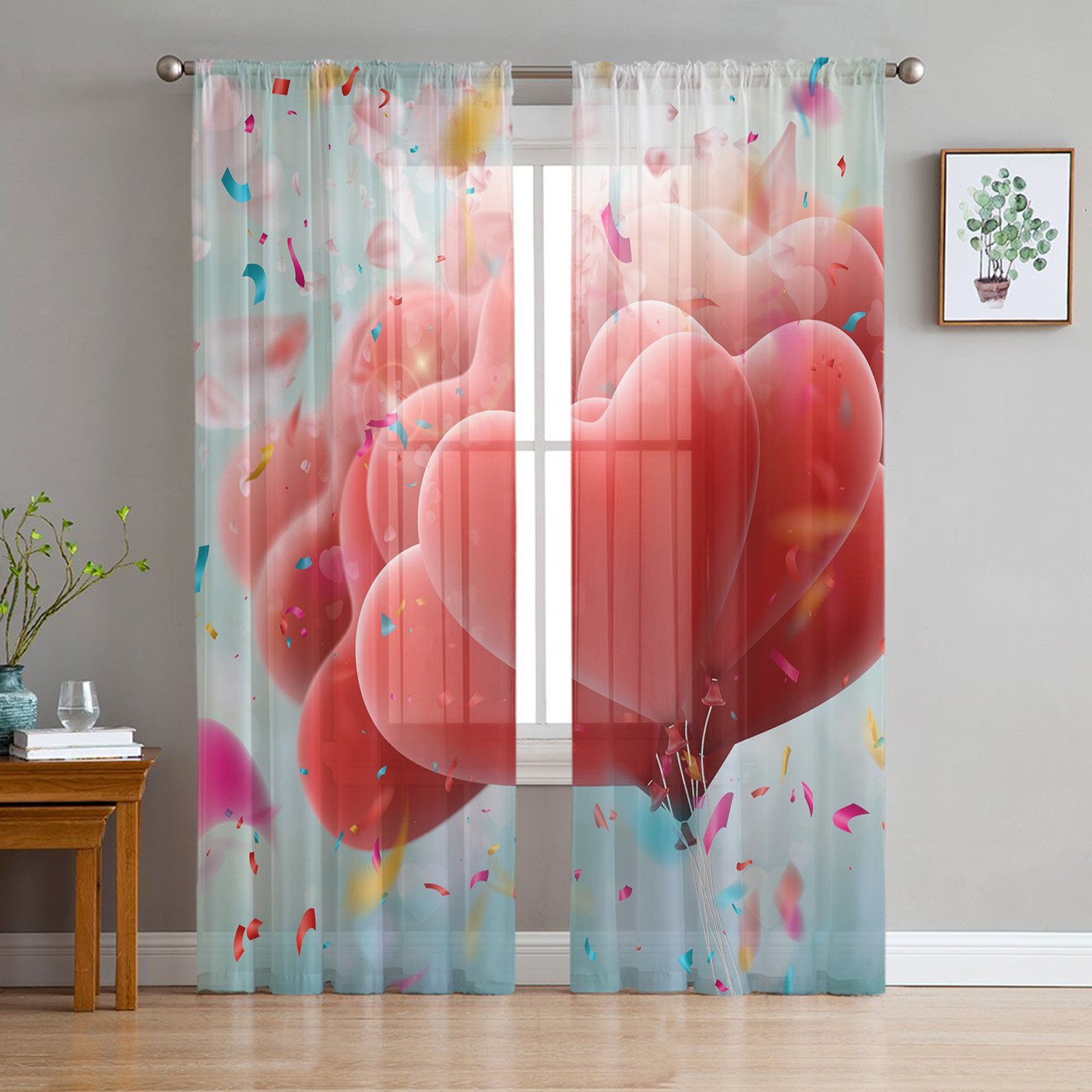 Love Heart Red Ribbon Balloon Sheer Curtain for Living Room Hall Wall ...