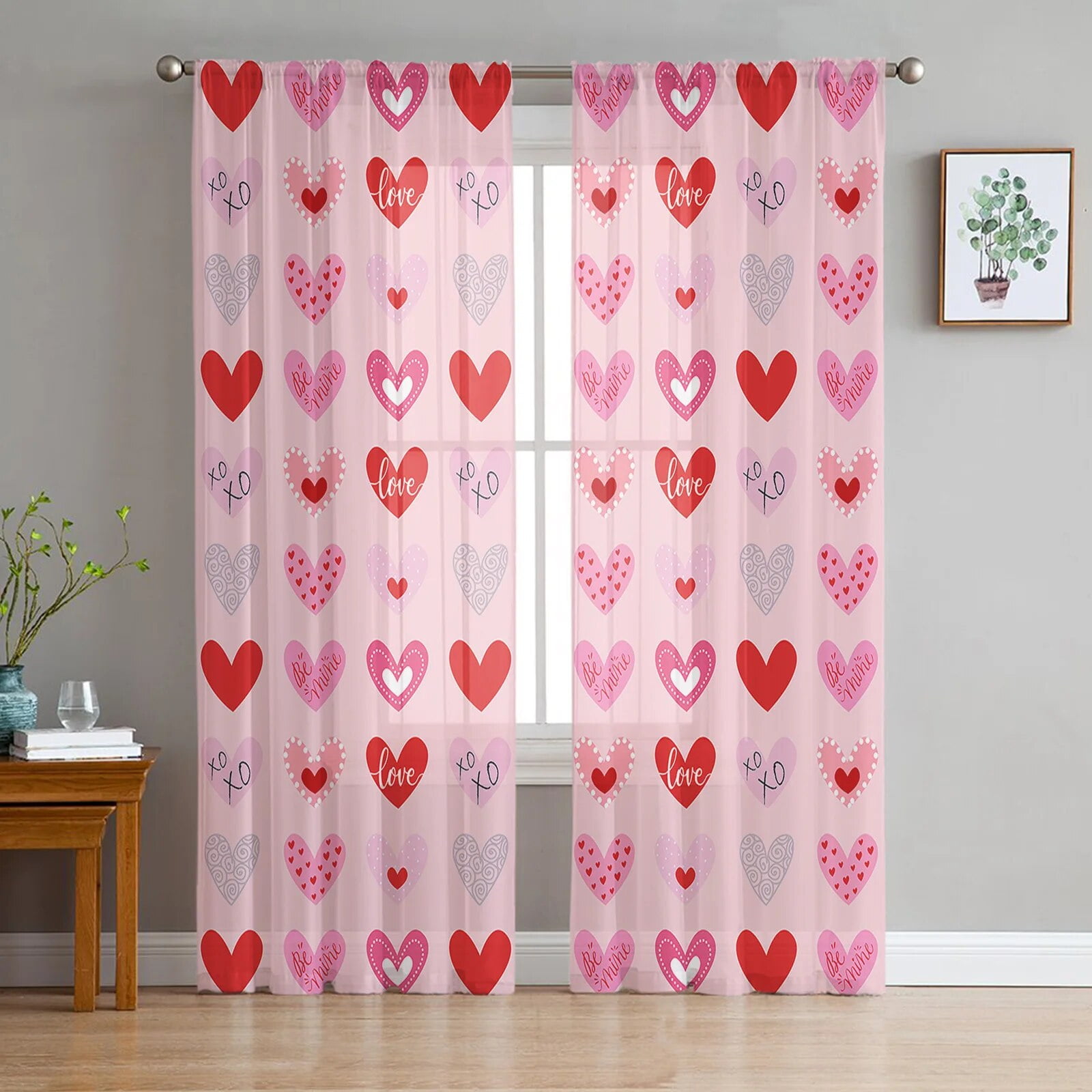 Love Heart Red Ribbon Balloon Sheer Curtain for Living Room Hall Wall ...