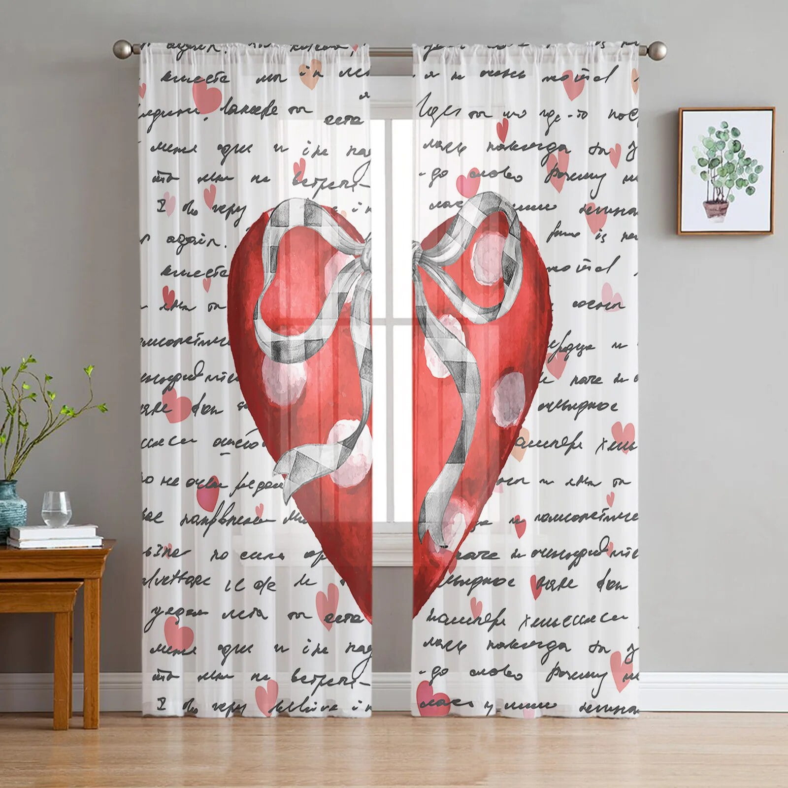 Love Heart Red Ribbon Balloon Sheer Curtain for Living Room Hall Wall ...