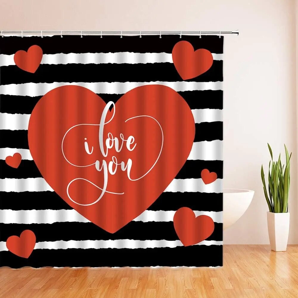Love Heart Shower Curtain Black White Striped Valentine Day Romantic ...