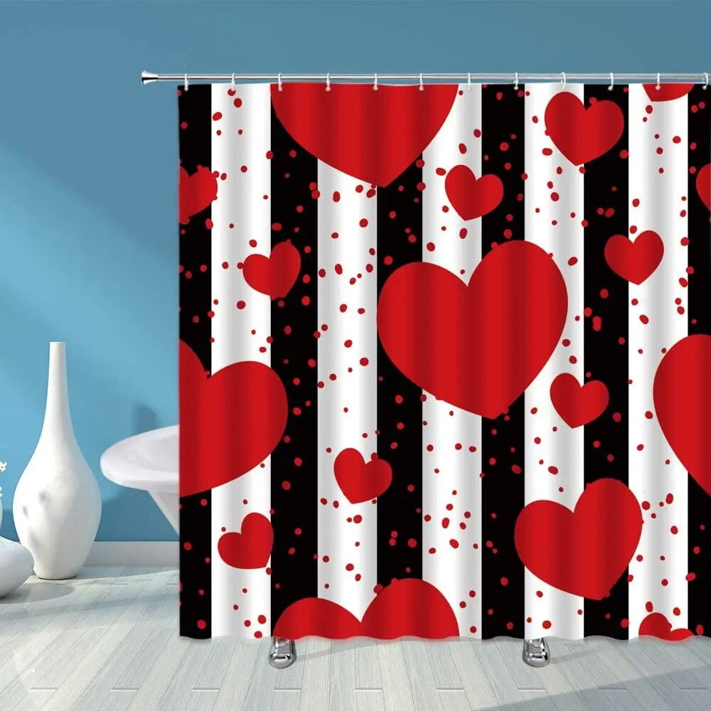 Love Heart Shower Curtain Black White Striped Valentine Day Romantic