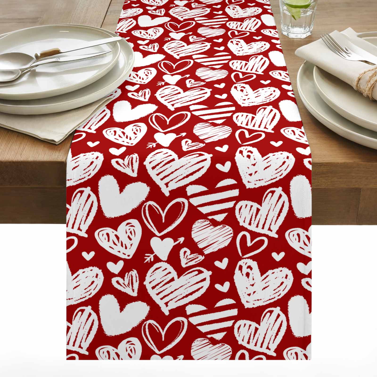 Love Heart Table Runner 13x48 inch Valentine's Day Cotton Linen Dining ...
