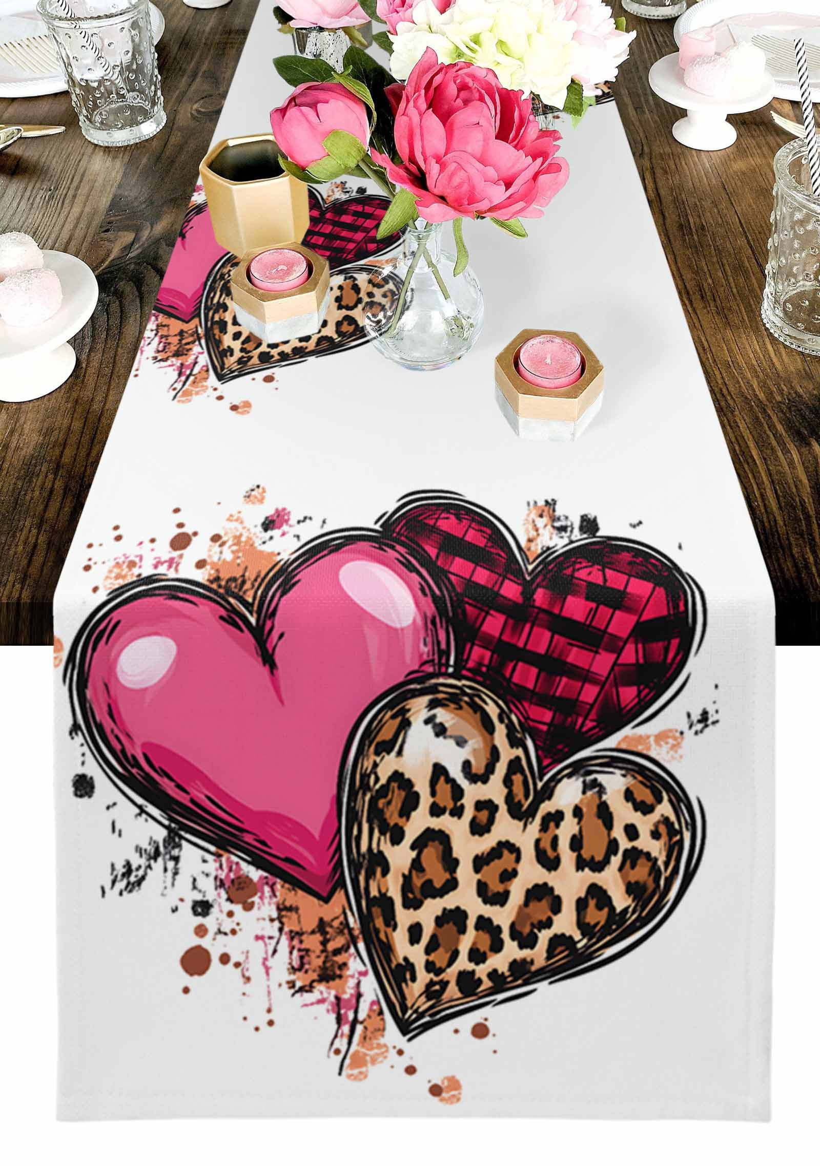 Love Heart Table Runner, Pink Leopard Graffiti Washable Cotton-linen ...