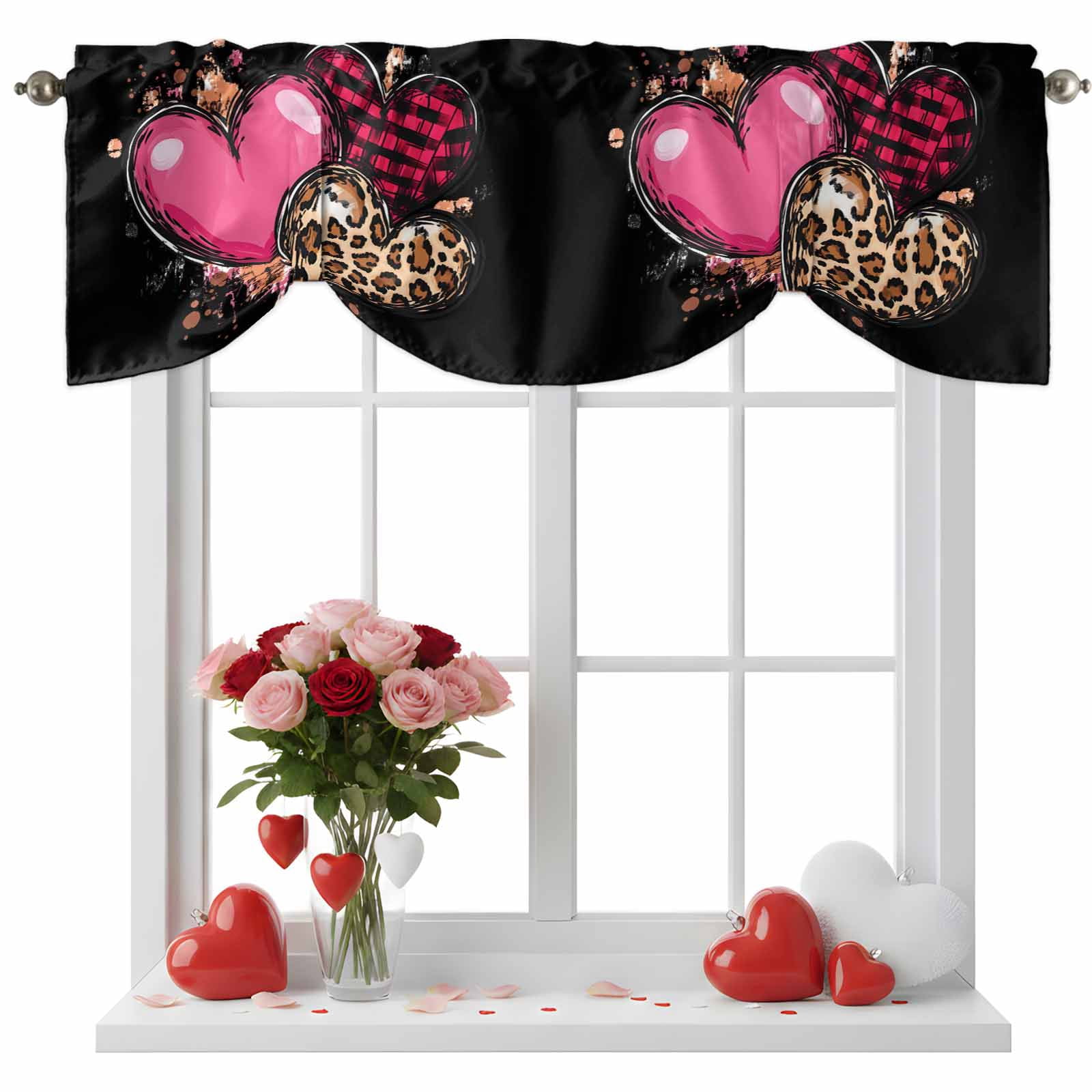 Love Heart Tie Up Valance for Windows, Pink Leopard Adjustable Rod ...