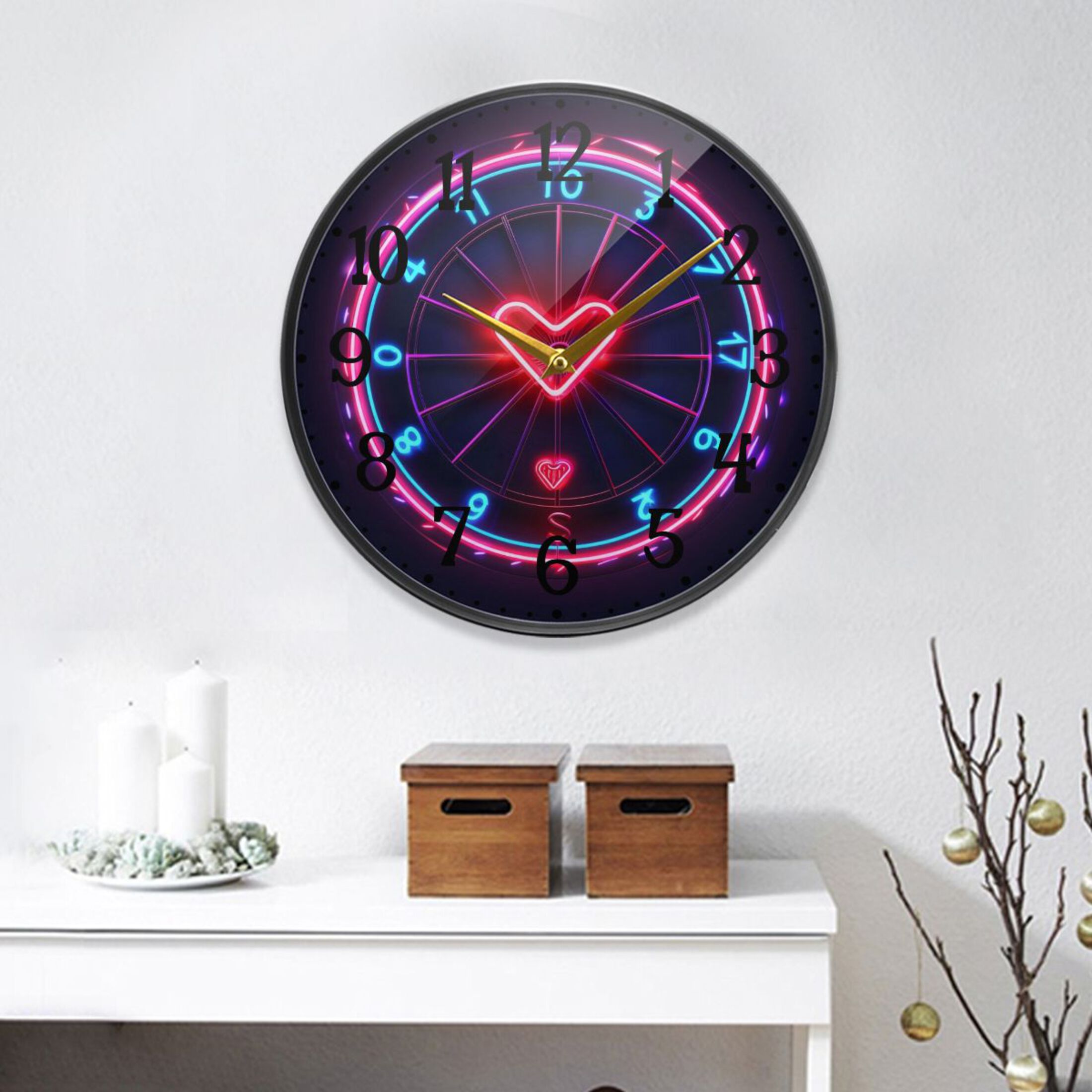 Love Heart and Clock Round Wall Clock 12 Inch Non-Ticking Silent ...