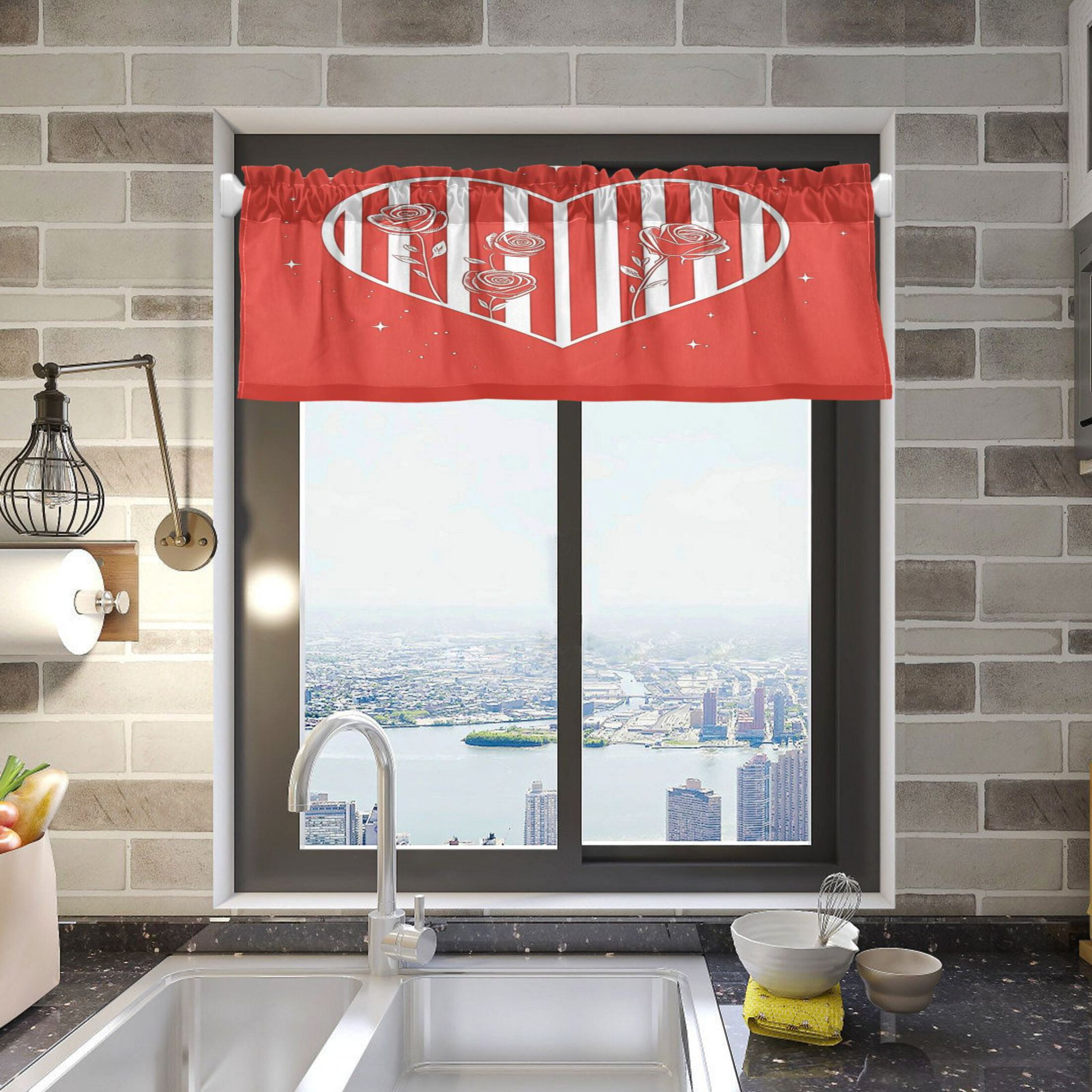 Love Heart and Red Roses Valance Curtains Rod Pocket for Kitchen Living ...