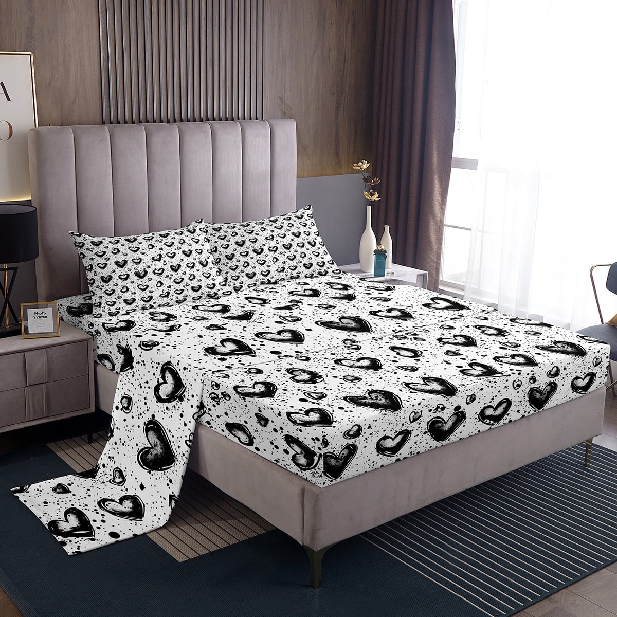 Love Hearts Fitted Sheet Set King Size 4 Pcs,Romantic Hearts Dots Black ...
