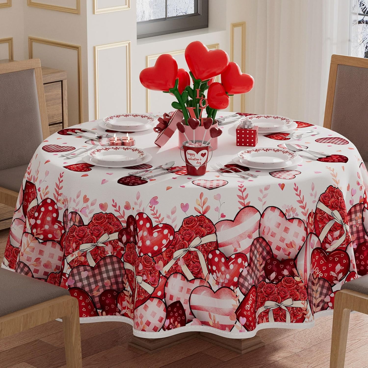 Love Hearts Valentine''s Day Tablecloth Round Table Cloth Washable ...