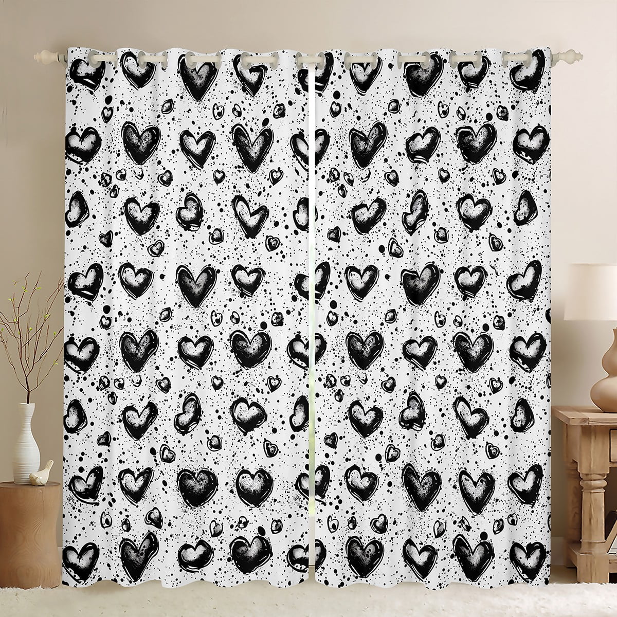 Love Hearts Window Curtain,Romantic Hearts Dots Black White Paint ...