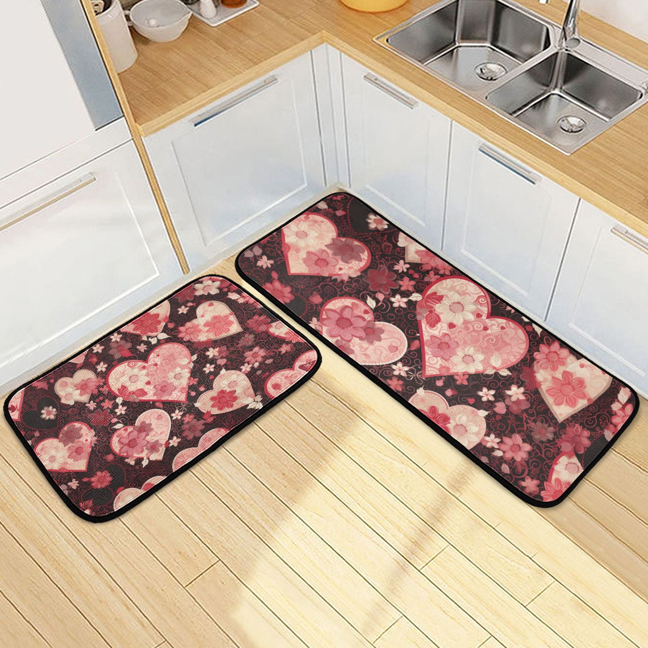 Love Hearts and Flowers Valentine Kitchen Rugs Set of 2 Non Slip Floor ...