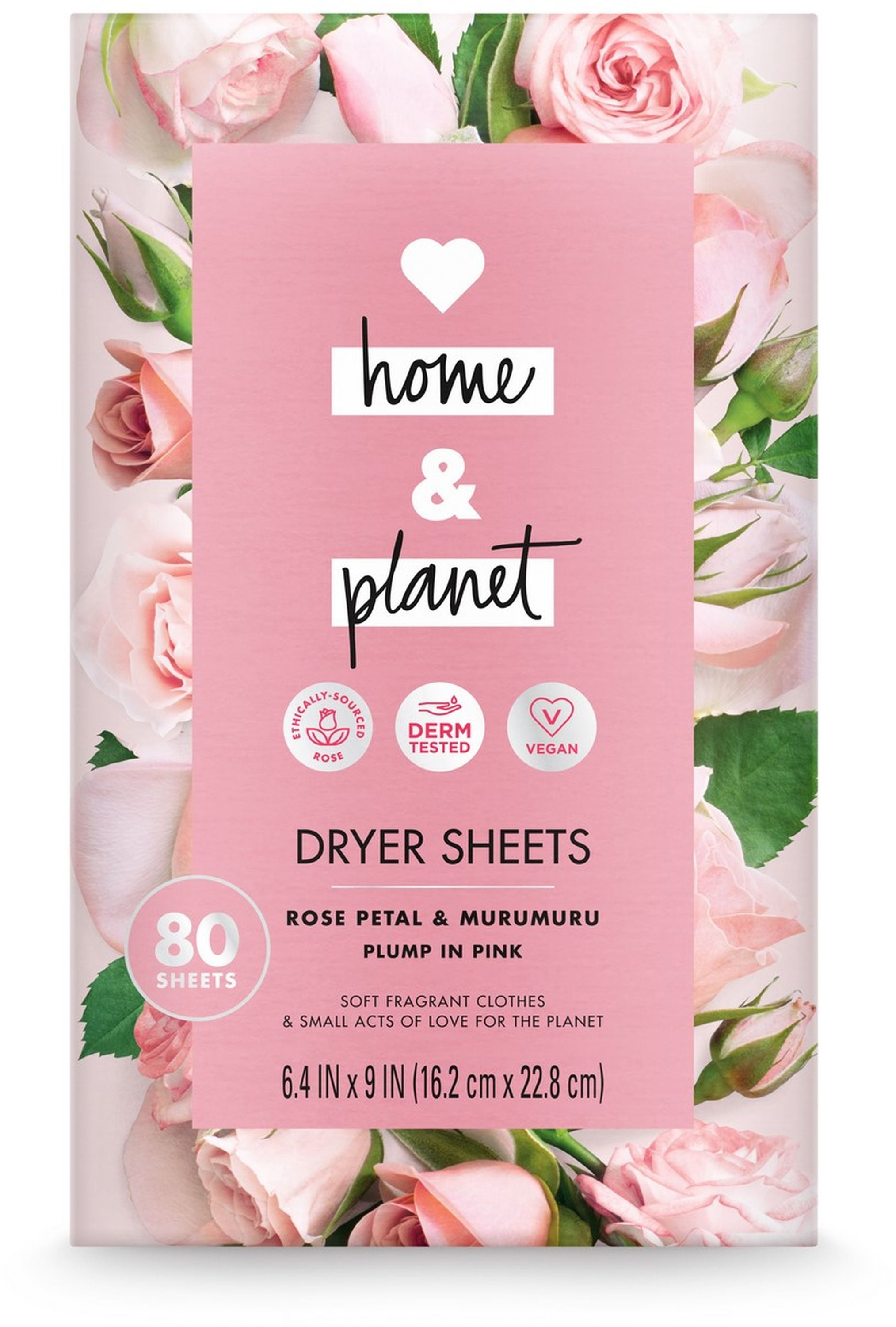 Love Home and Planet Dryer Sheets Rose Petal & Murumuru 80 count ...