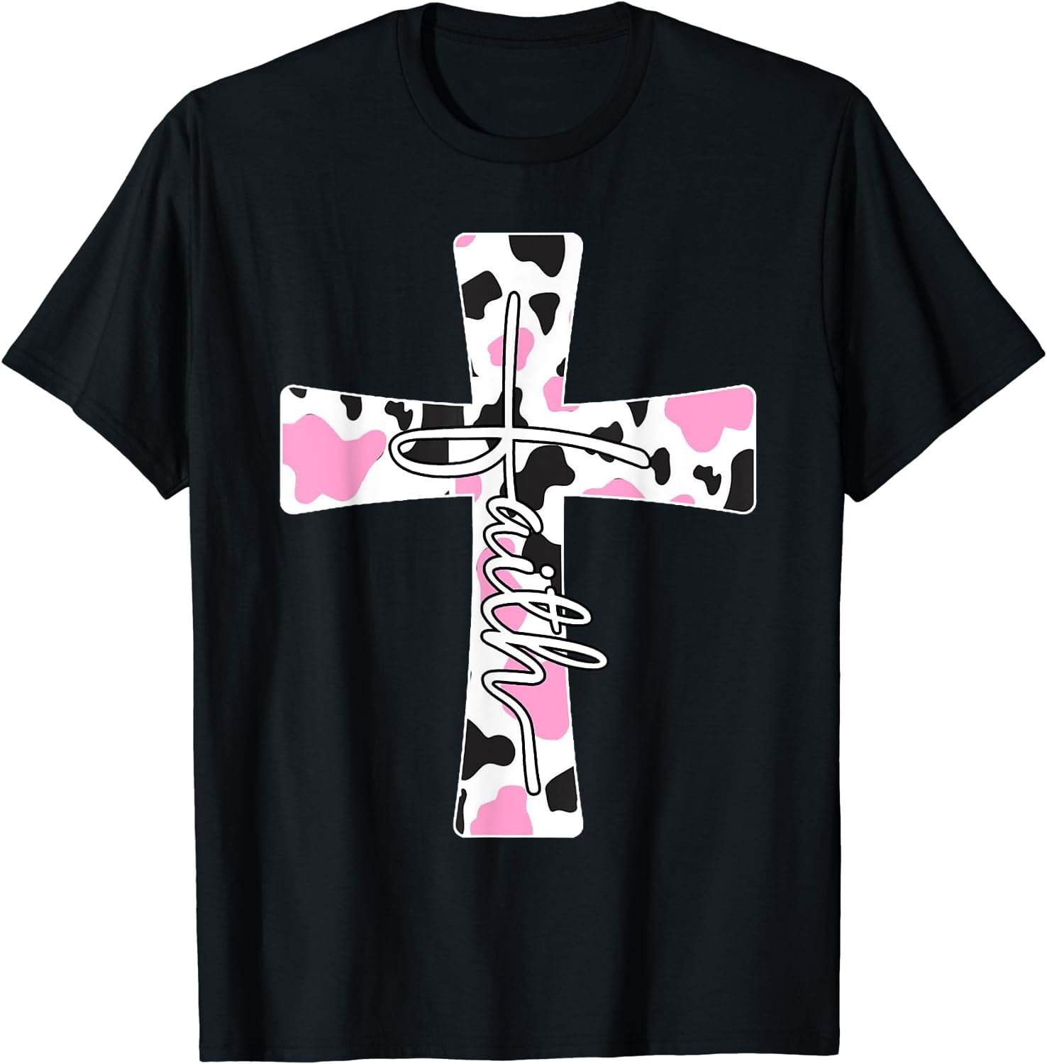 Love In Faith Christian Tees Animal Cow Print Cross T-Shirt Black ...