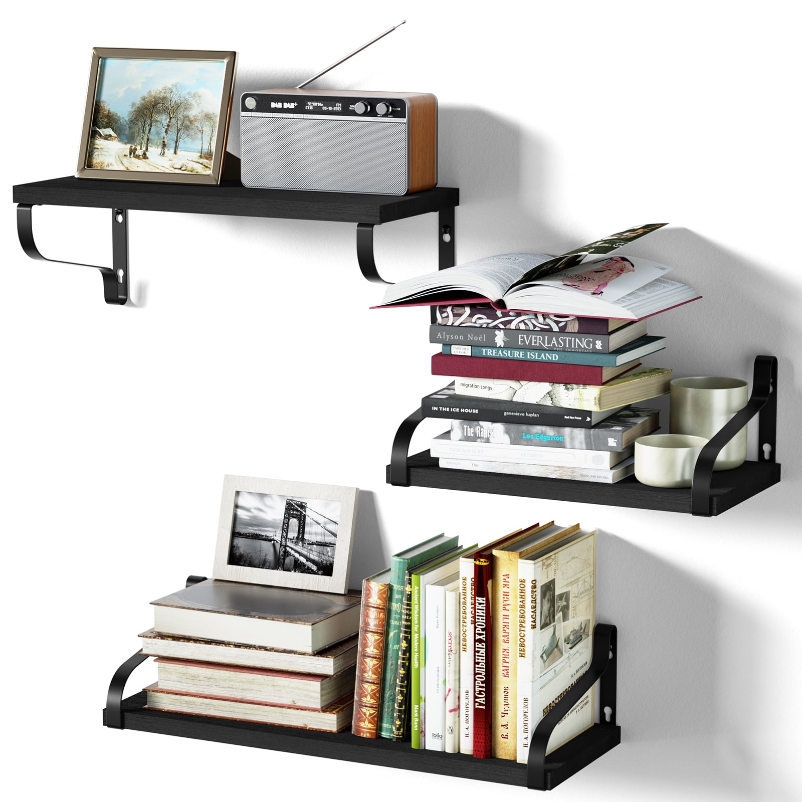 Love-KANKEI Set of 3 Rustic Wood Wall Mounted Shelves for Home & Office ...