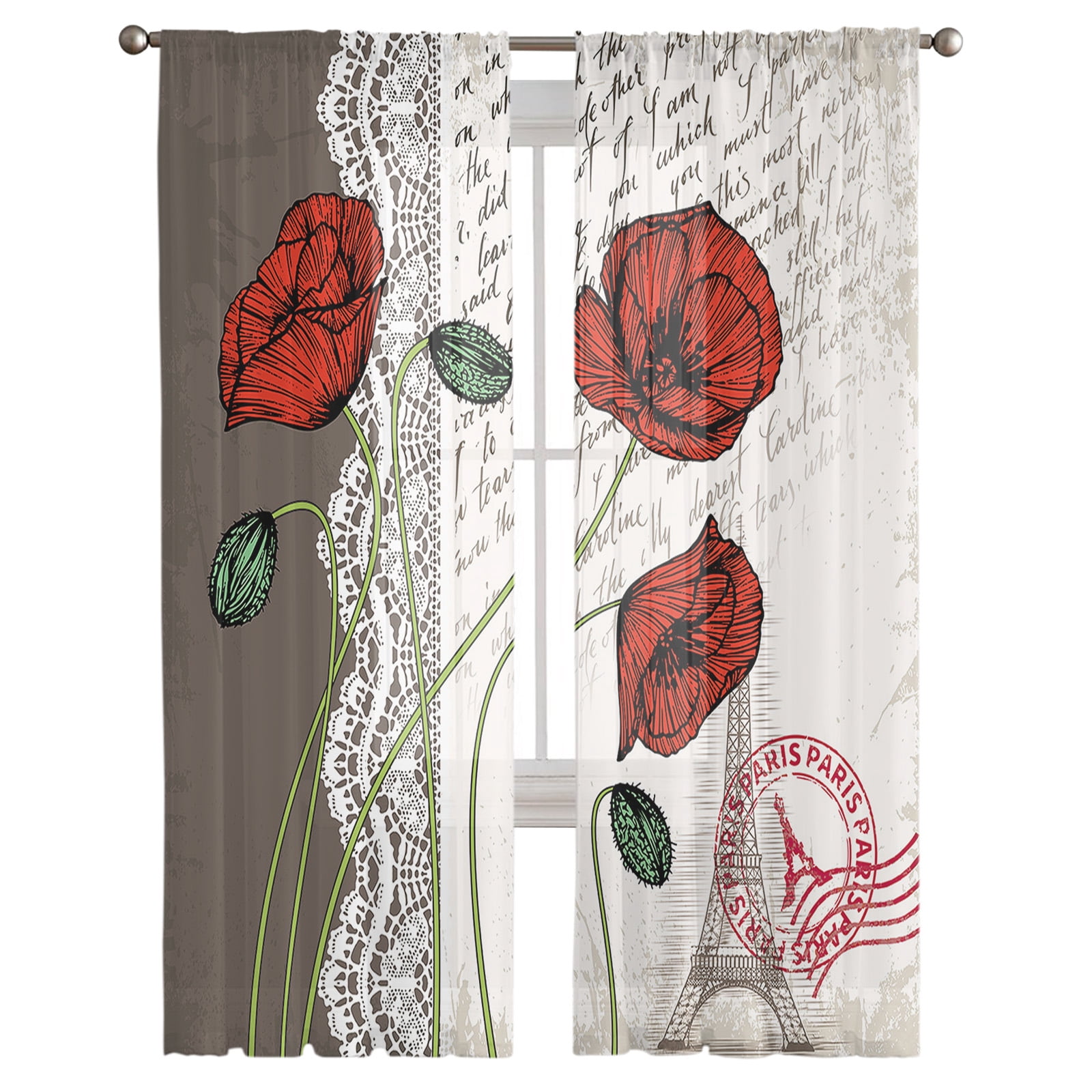 Love Letter Poppy Flower Plant Theme Pattern Sheer Curtains Window ...
