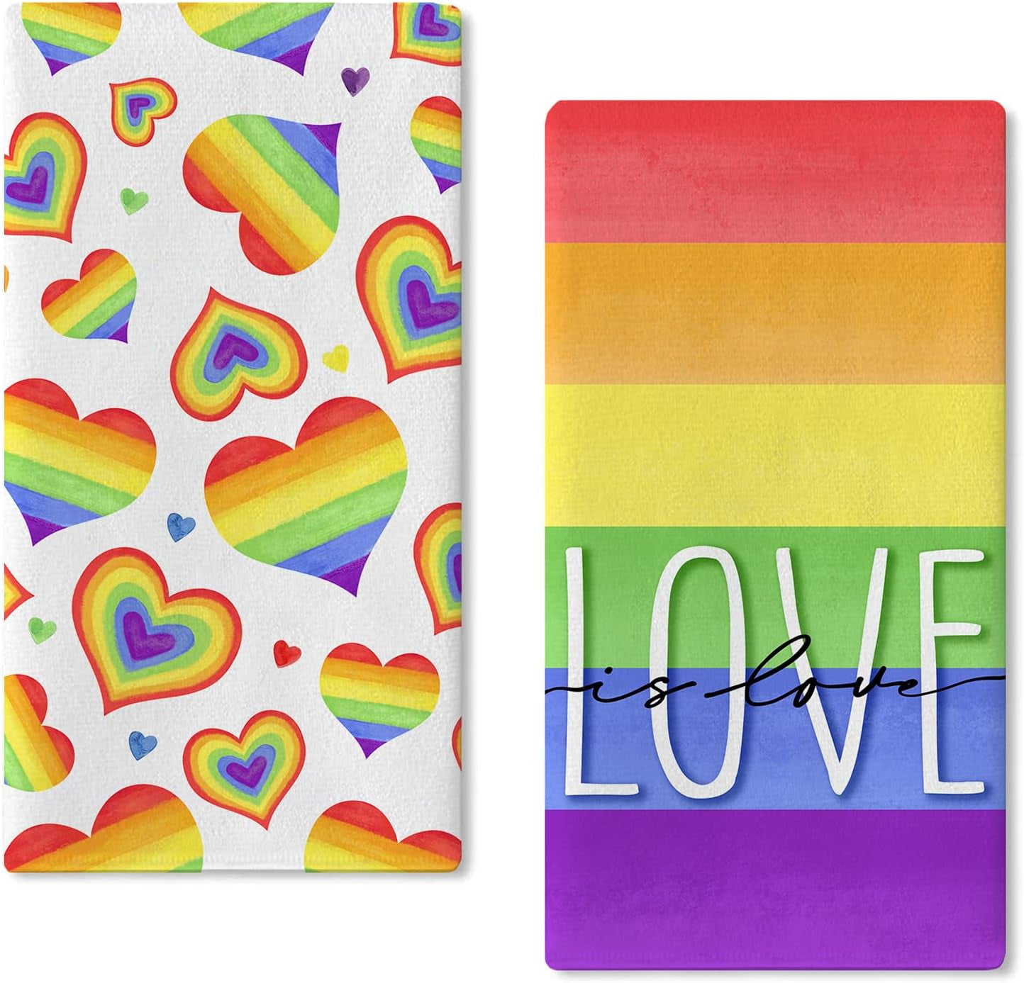 Love is Love Rainbow Kitchen Dish Towels Set of 2, LGBTQ Hearts Hand ...