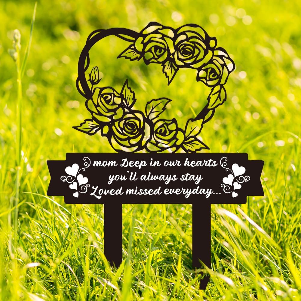 Love Mom Heart Memorial Grave Markers Flower Rose Metal Stakes Grave ...