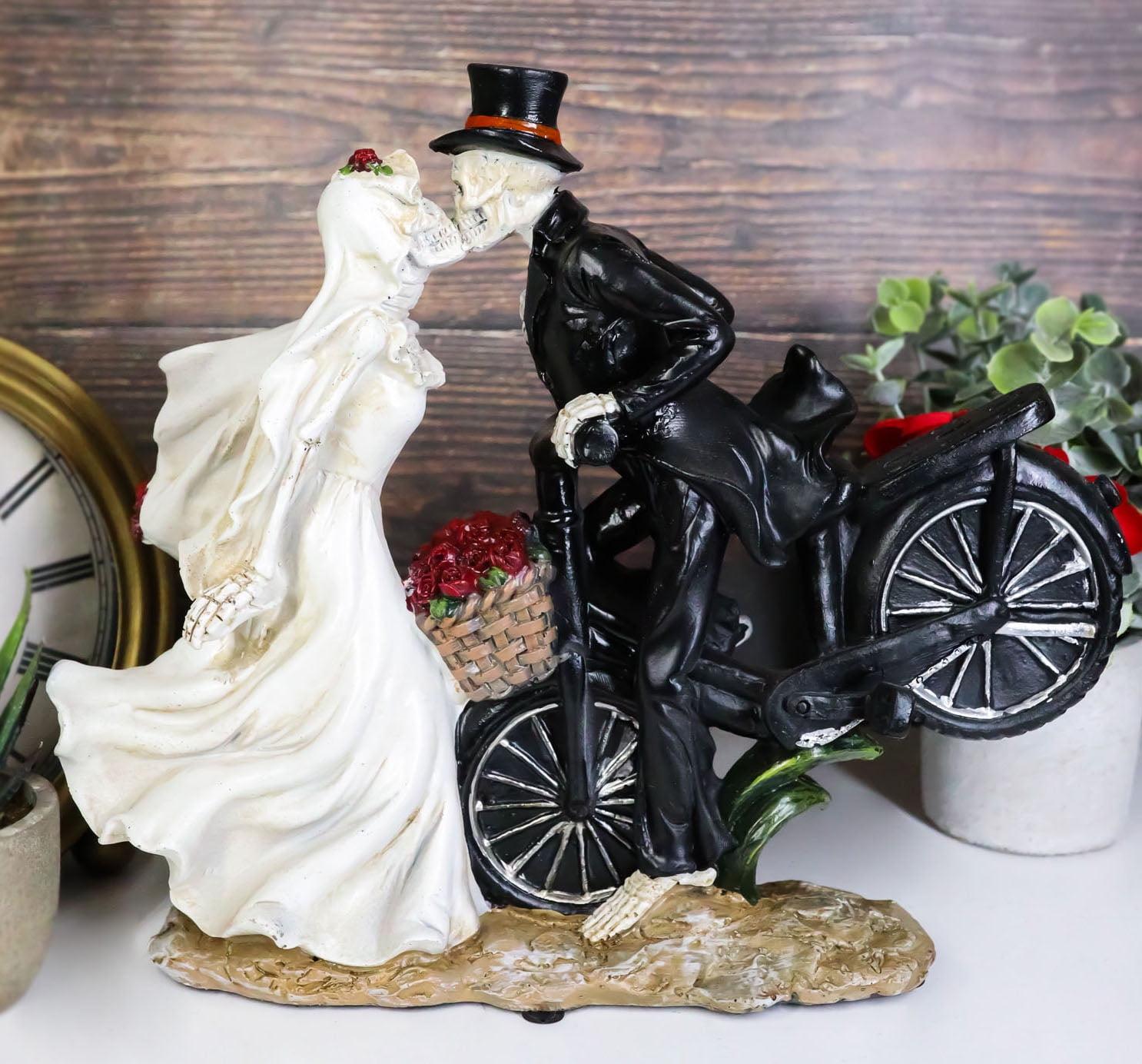 Love Never Dies Skeleton Bridal Couple Kissing On Bicycle W Rose Basket Figurine - Walmart.com