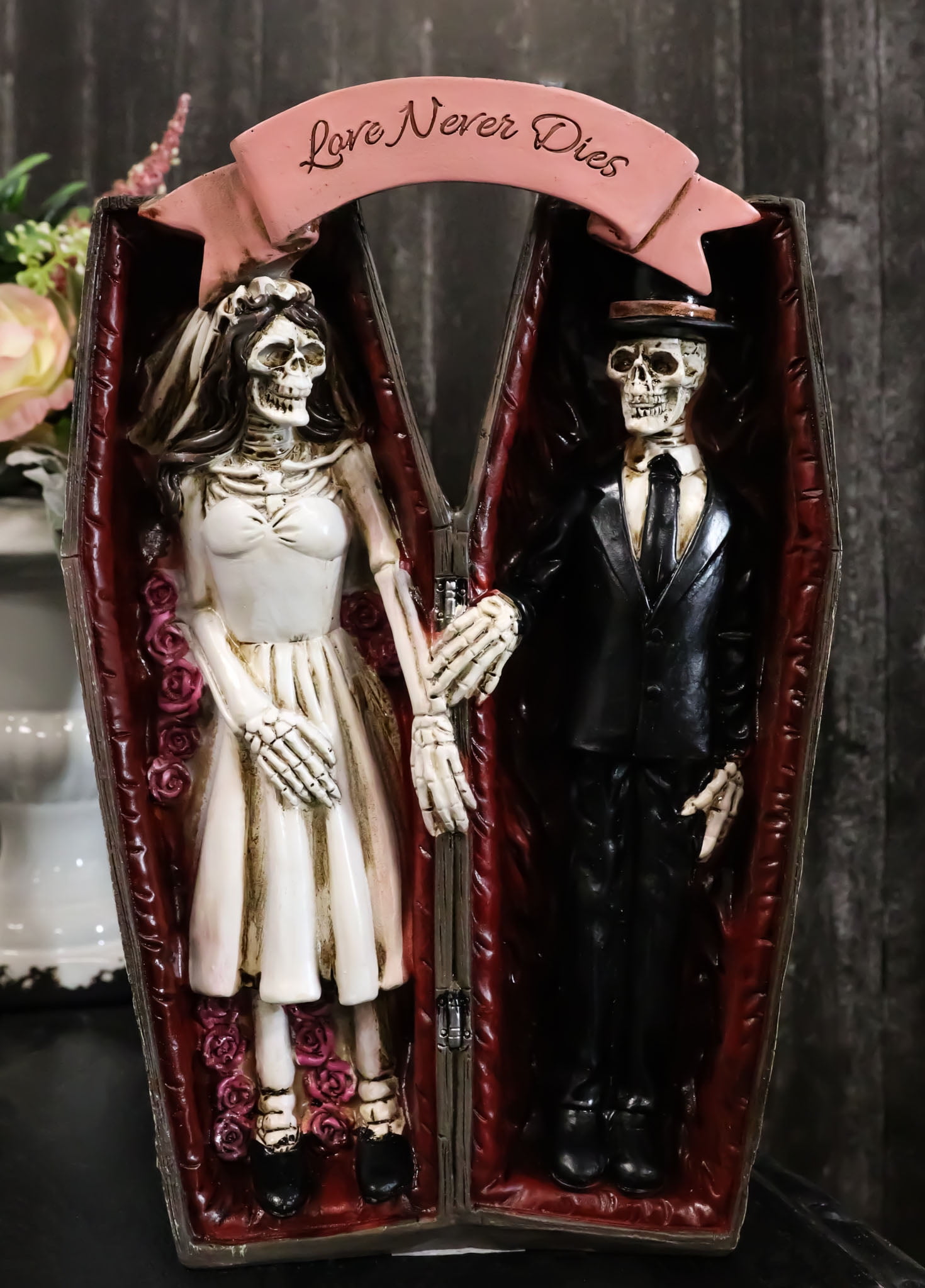 Love Never Dies Skeleton Wedding Couple Holding Hands Inside Coffins Figurine - Walmart.com