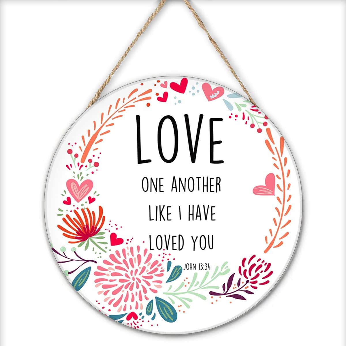 Love One Another John Floral Heart Round Wood Hanging Sign Wreath Wall ...