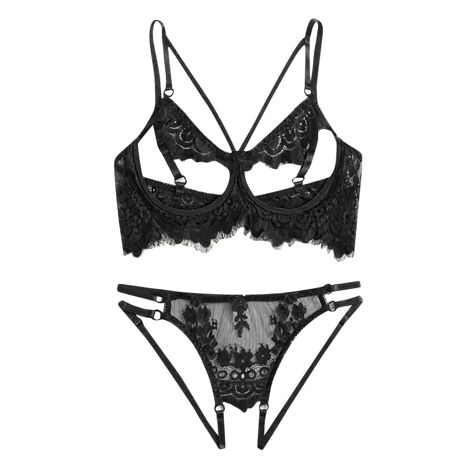 Love Pattern Lace Women Lingerie Bra Thong Pajamas Underwear Set Lace