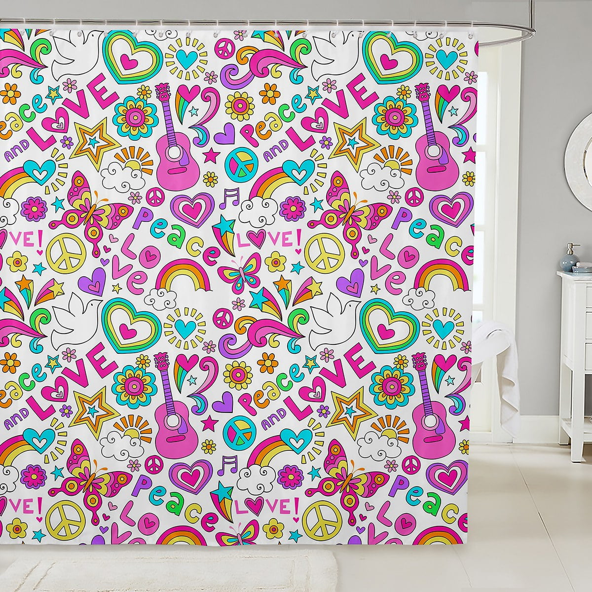 Love and Peace Shower Curtain Hippie Love Heart Fabric Shower Curtain ...