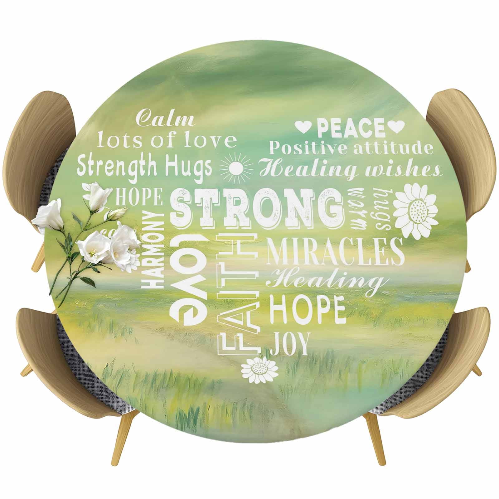 Love Peace Text Round Tablecloth, Fitted Table Cover with Elastic for ...