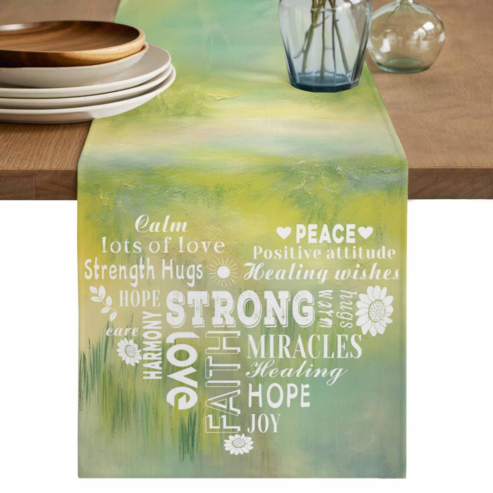 Love Peace Text Table Runner 72 Inches, Green Inspirational Quotes ...