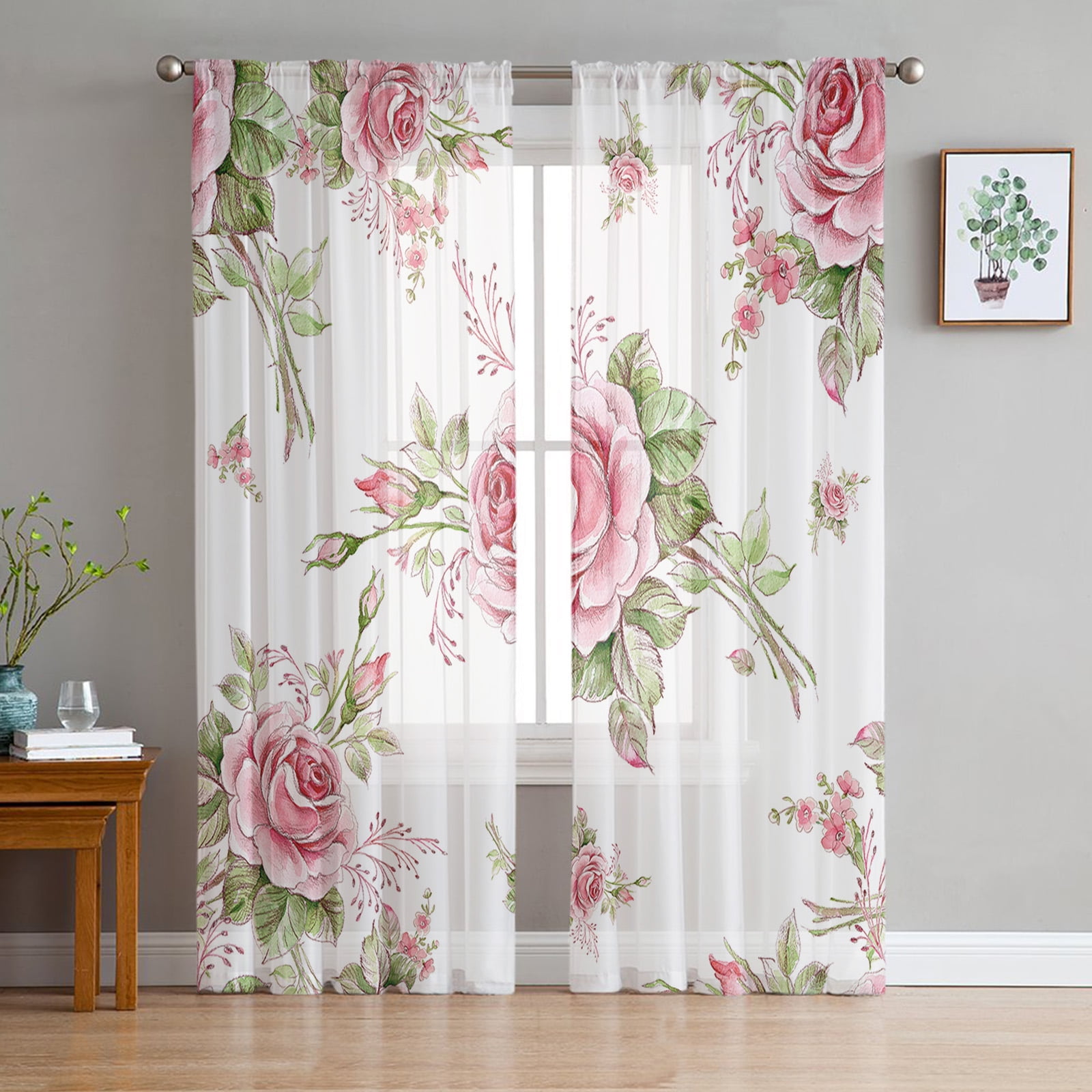 Love Pink Rose Butterfly Tulle Window Curtain for Living Room Modern ...