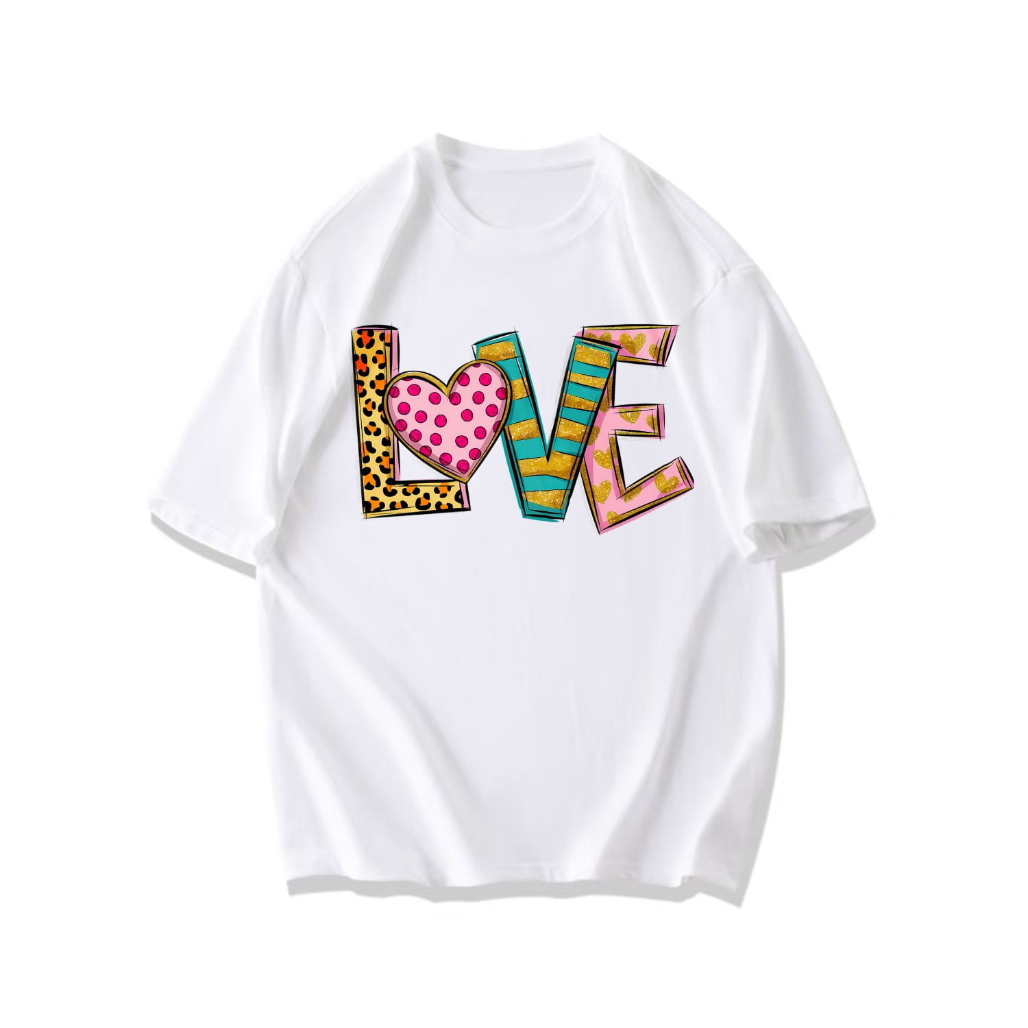 Love Print T Shirt Black Leopard Heart And Stripe Pattern Casual Wear ...