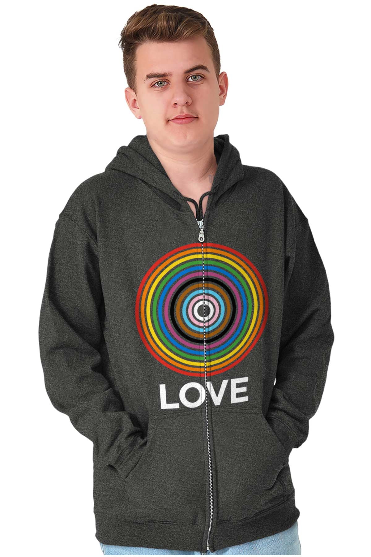 Love Progress Gay Pride Flag Spiral Zip Up Hoodie Mens Womens Brisco