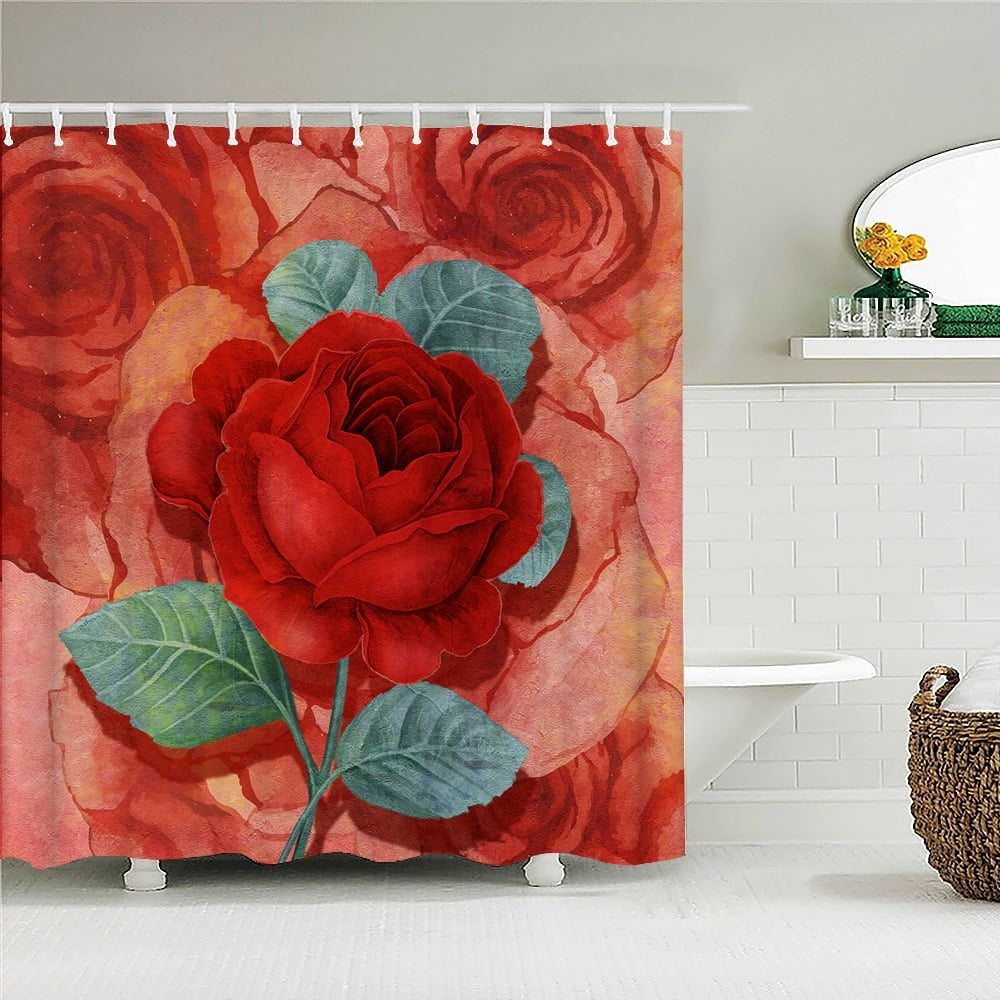 Love Red Rose Shower Curtain Bath Screen Waterproof Fabric Bathroom ...