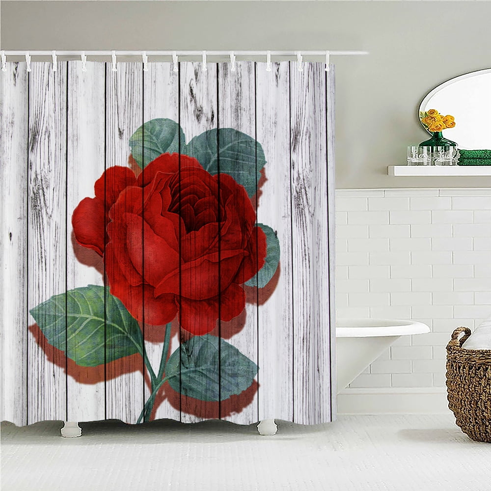 Love Red Rose Shower Curtain Bath Screen Waterproof Fabric Bathroom ...