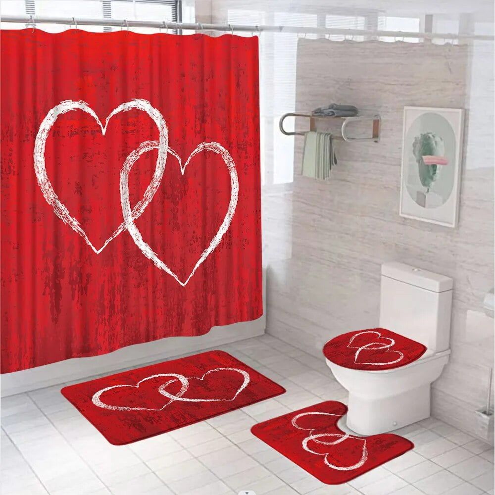 Love Romantic Red Rose Shower Curtain Set Toilet Lid Cover And Bath Mat